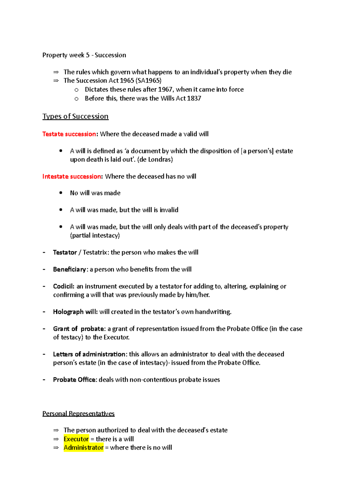 Succession - Property Law - Property week 5 - Succession The rules ...
