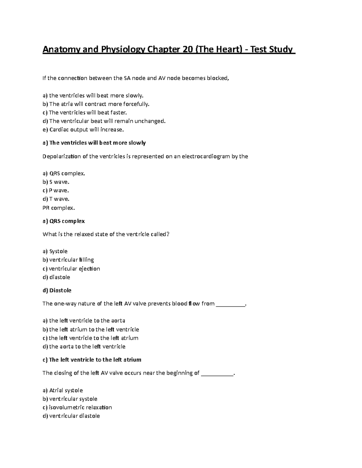 Anatomy and Physiology Chapter 20 (The Heart) - Test Study continuedd ...