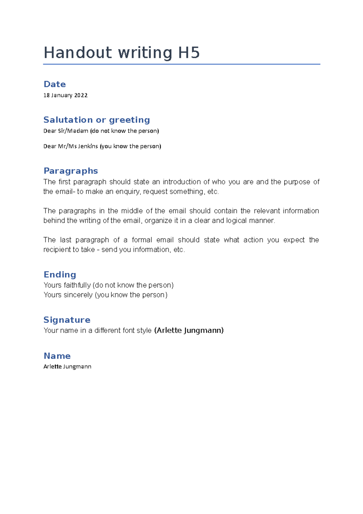 Handout writing H5 - Handout writing H Date 18 January 2022 Salutation ...