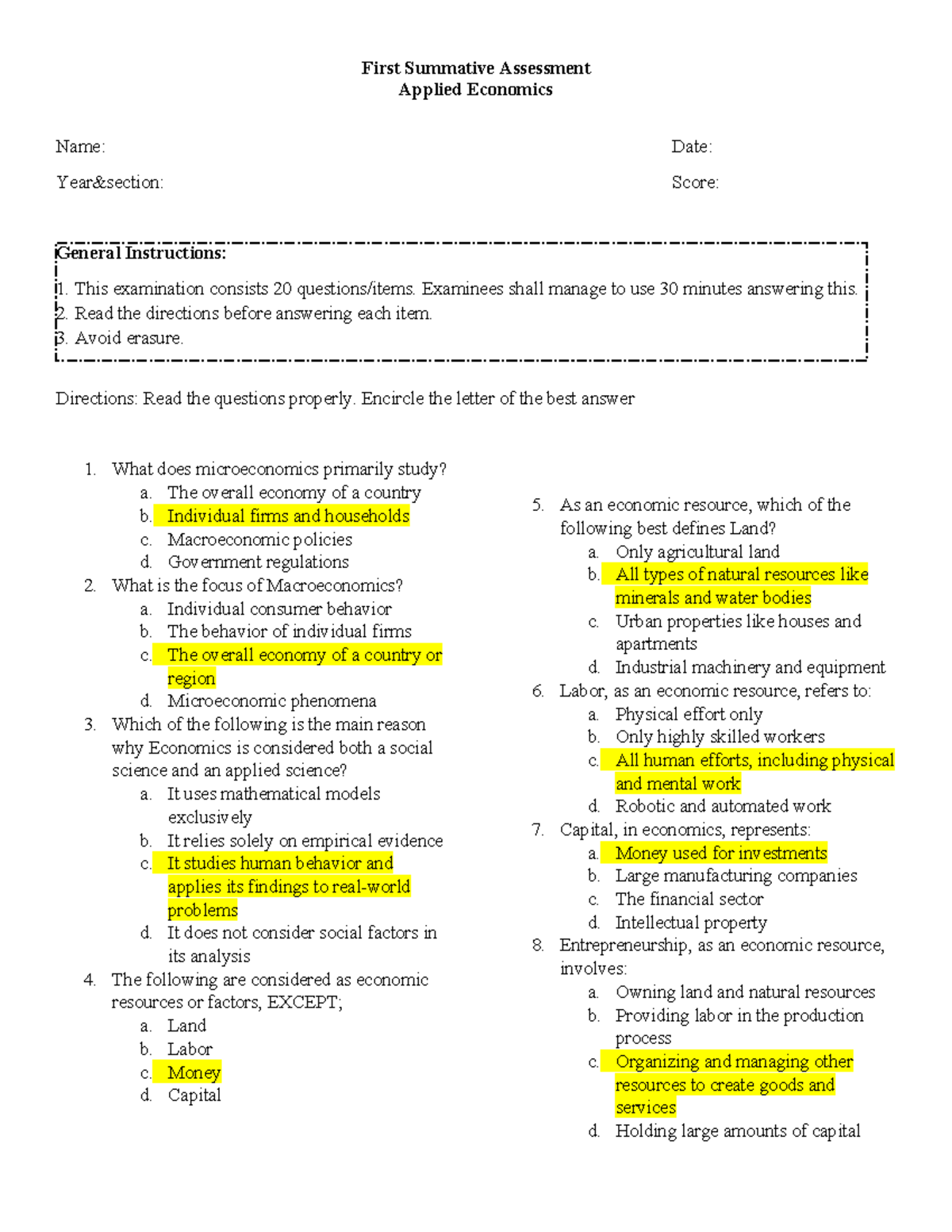First Summative Assessment in Applied Economics - First Summative ...