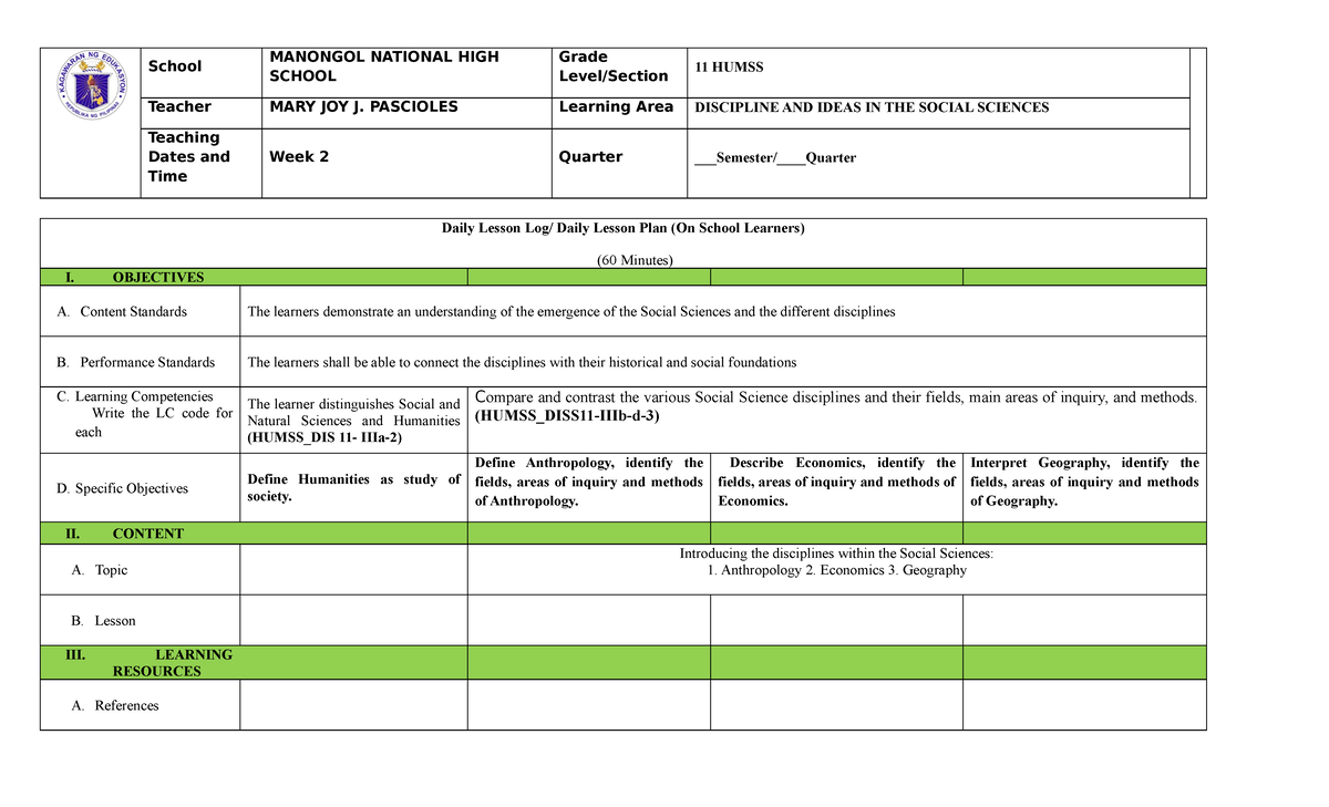 Week 3 - mjp - School MANONGOL NATIONAL HIGH SCHOOL Grade Level/Section ...