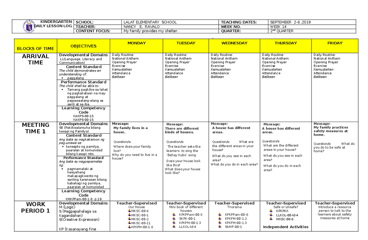WEEK 14 - NEW KTG DLL - dll - KINDERGARTEN DAILY LESSON LOG SCHOOL ...