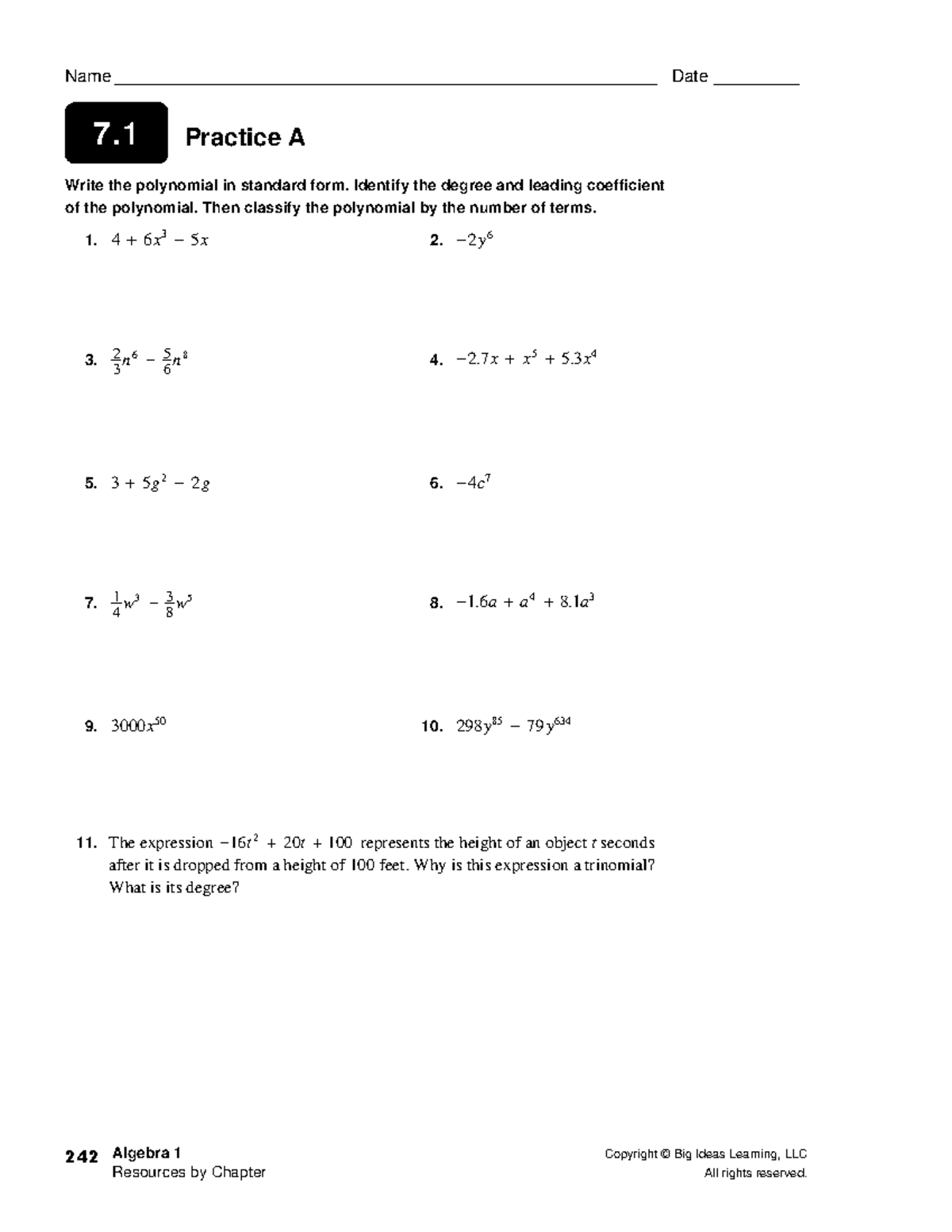 7.1 Practice A - Algebra 1 Copyright © Big Ideas Learning, LLC ...