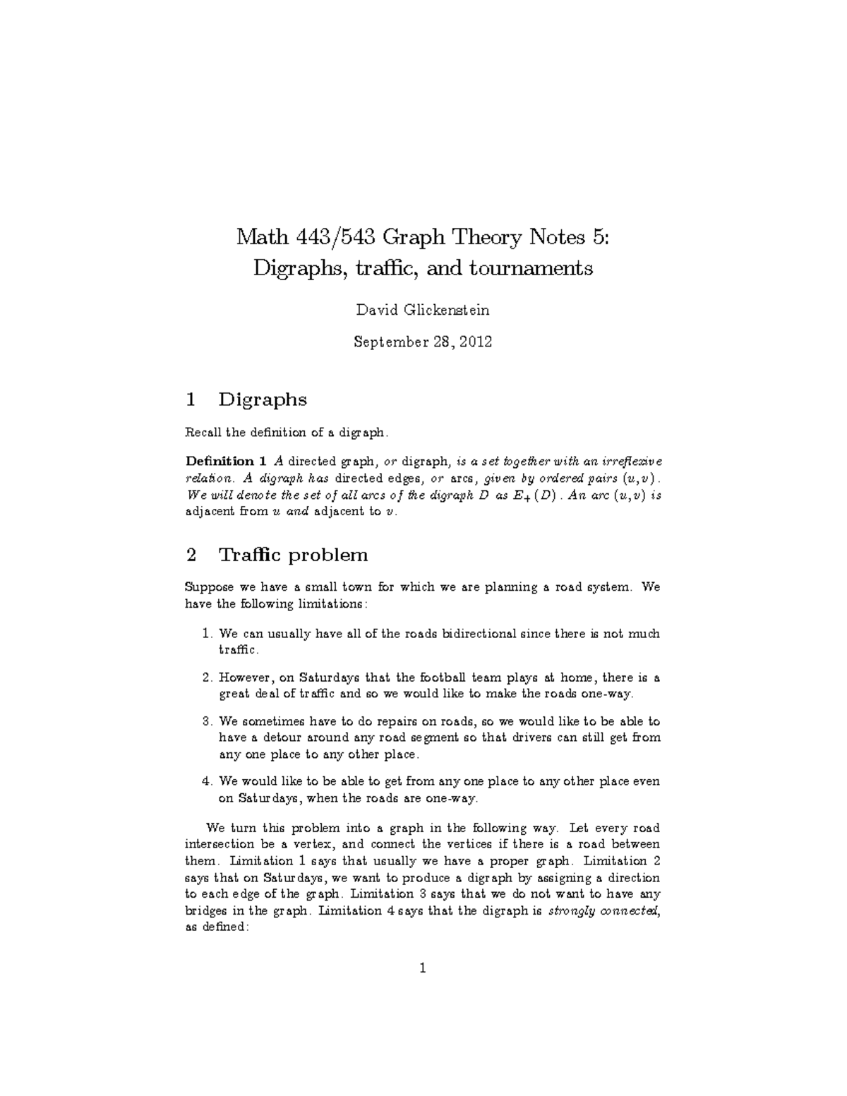 Notes 5 - Math Graph Theory Notes 5: Digraphs, c, and tournaments David ...