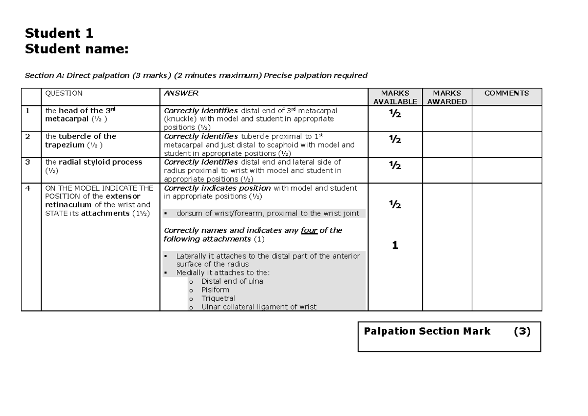 Wrist and hand mock(1) - Anatomy mock - Student 1 Student name: Section A: Direct palpation (3 ...