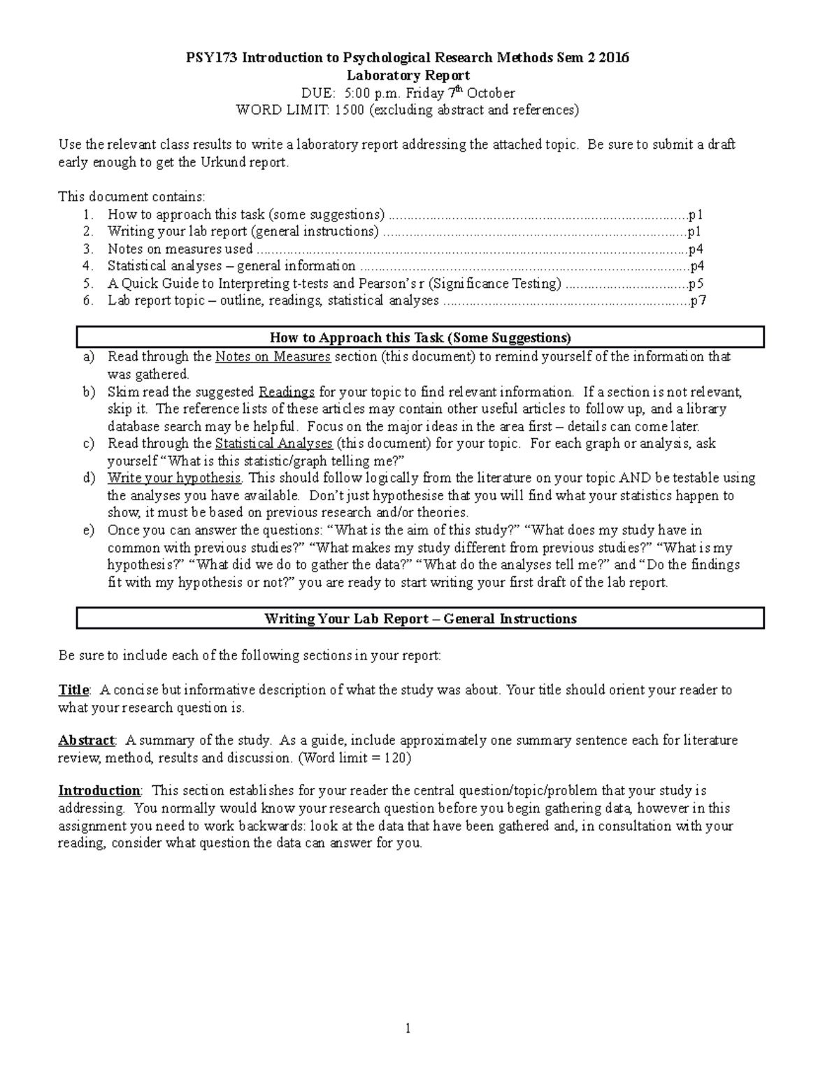 PSY173 Lab report sem 2 2016 - PSY173 Introduction to Psychological ...