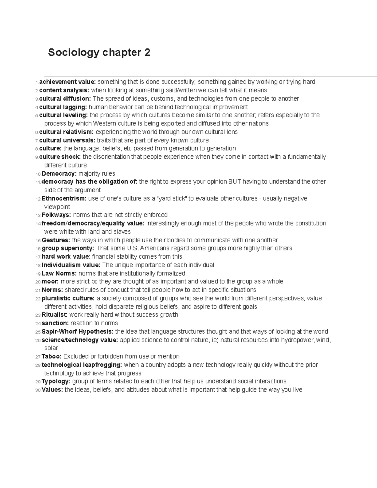 Soc h 2 - Lecture notes 4-7 - Sociology chapter 2 1 value: something ...