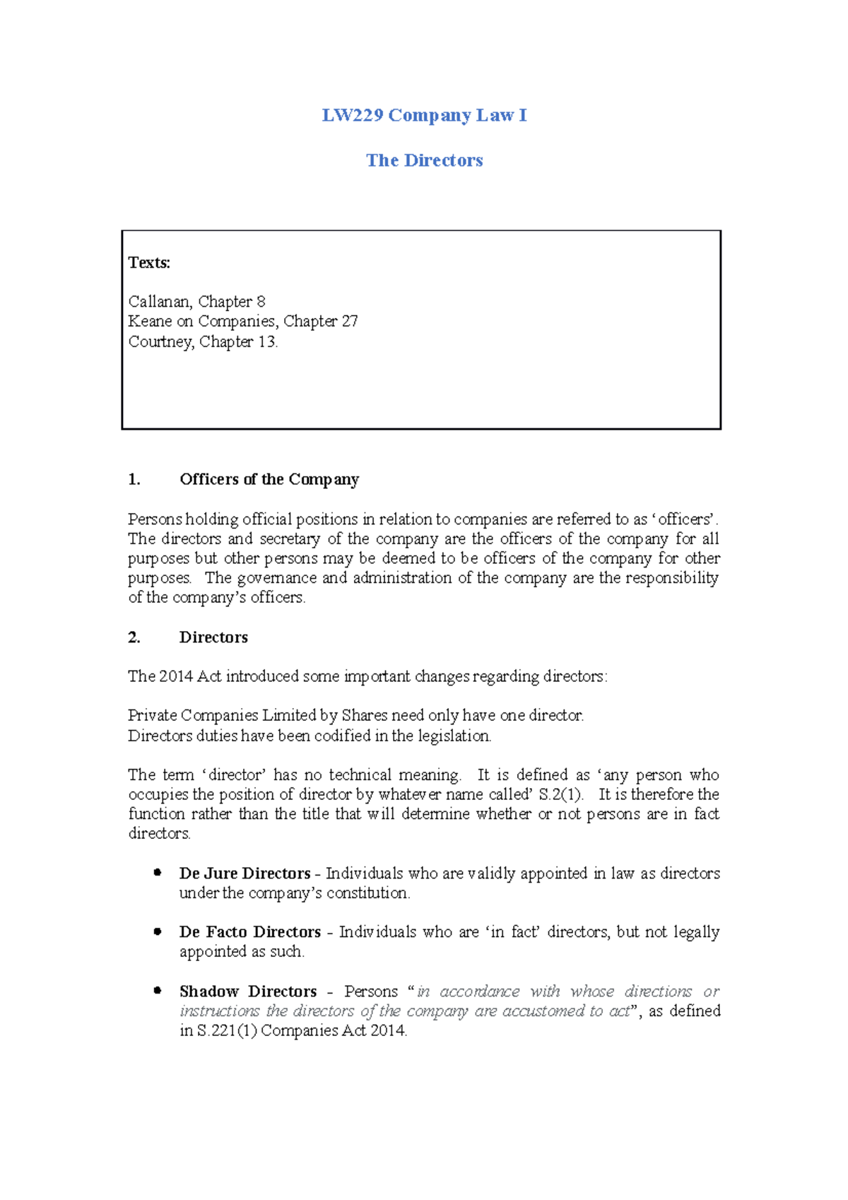 The Directors - LW229 Company Law I The Directors Texts: Callanan ...