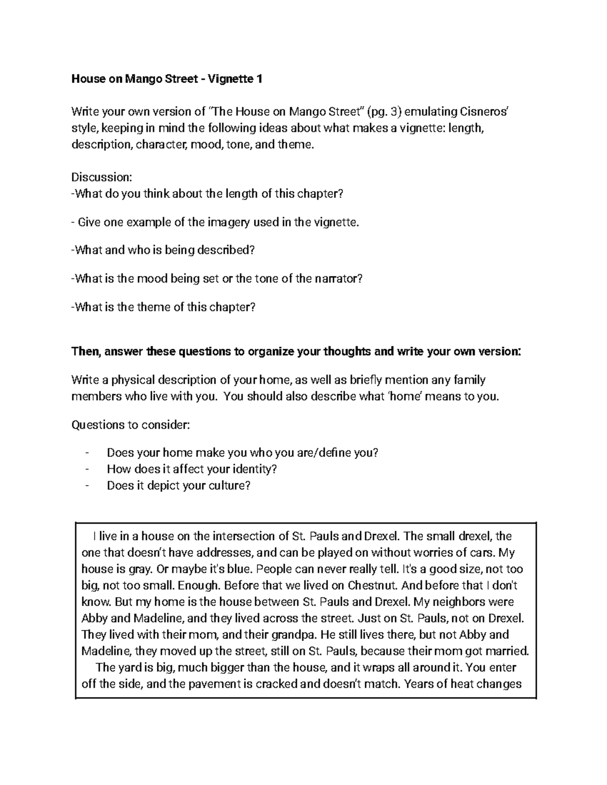 Vignette 1.House on Mango Street - House on Mango Street - Vignette 1 ...