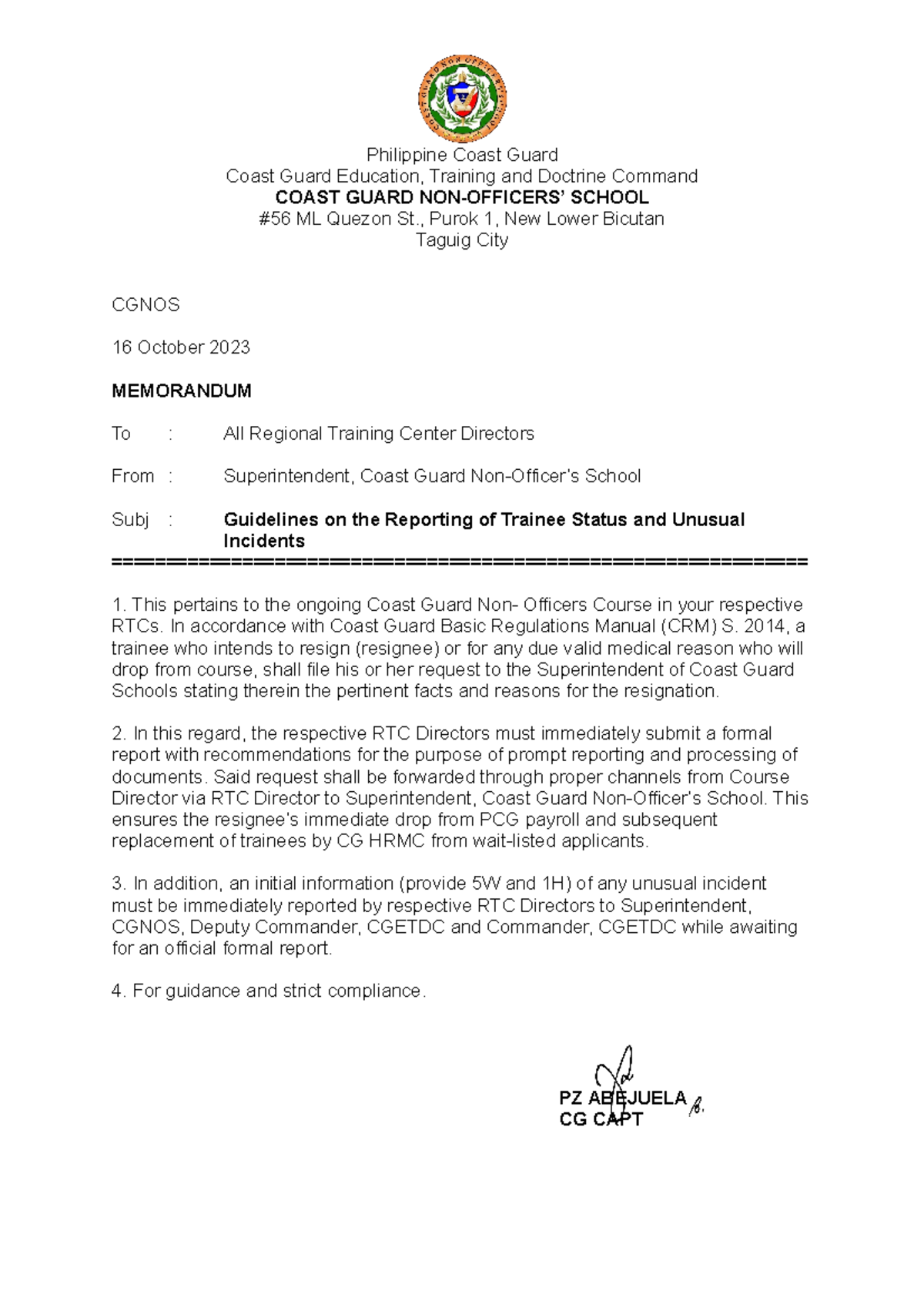 non-guidance of traini - Philippine Coast Guard Coast Guard Education ...