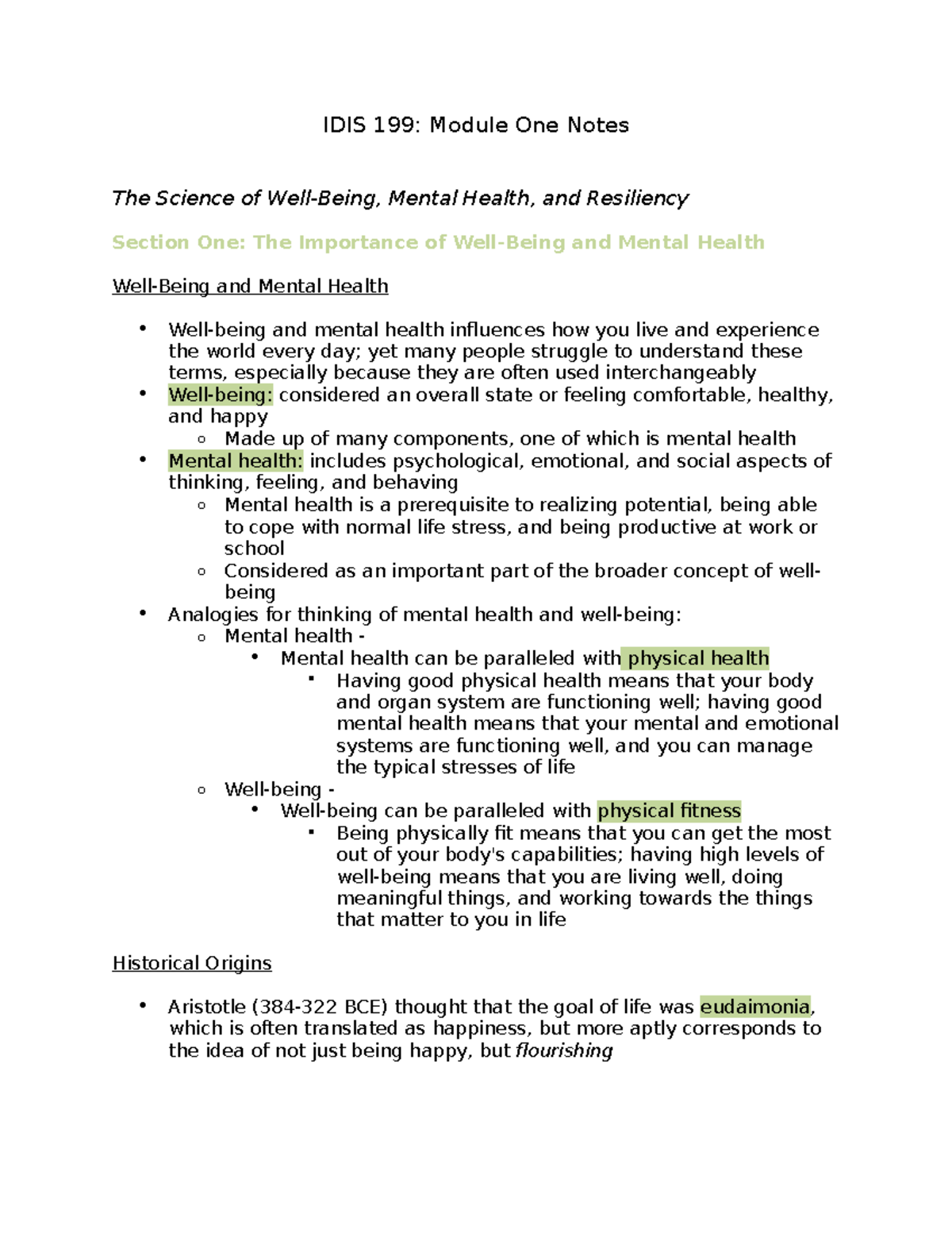 Module 1 notes - IDIS 199: Module One Notes The Science of Well-Being ...
