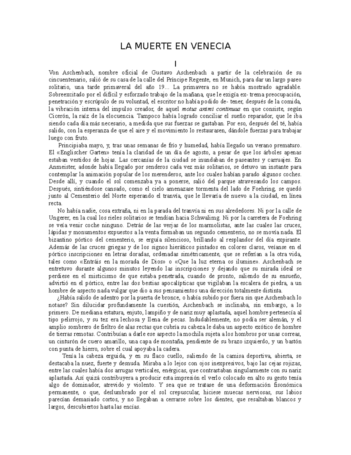 Resumen de LA Muerte EN Venecia - LA MUERTE EN VENECIA I Von Aschenbach ...