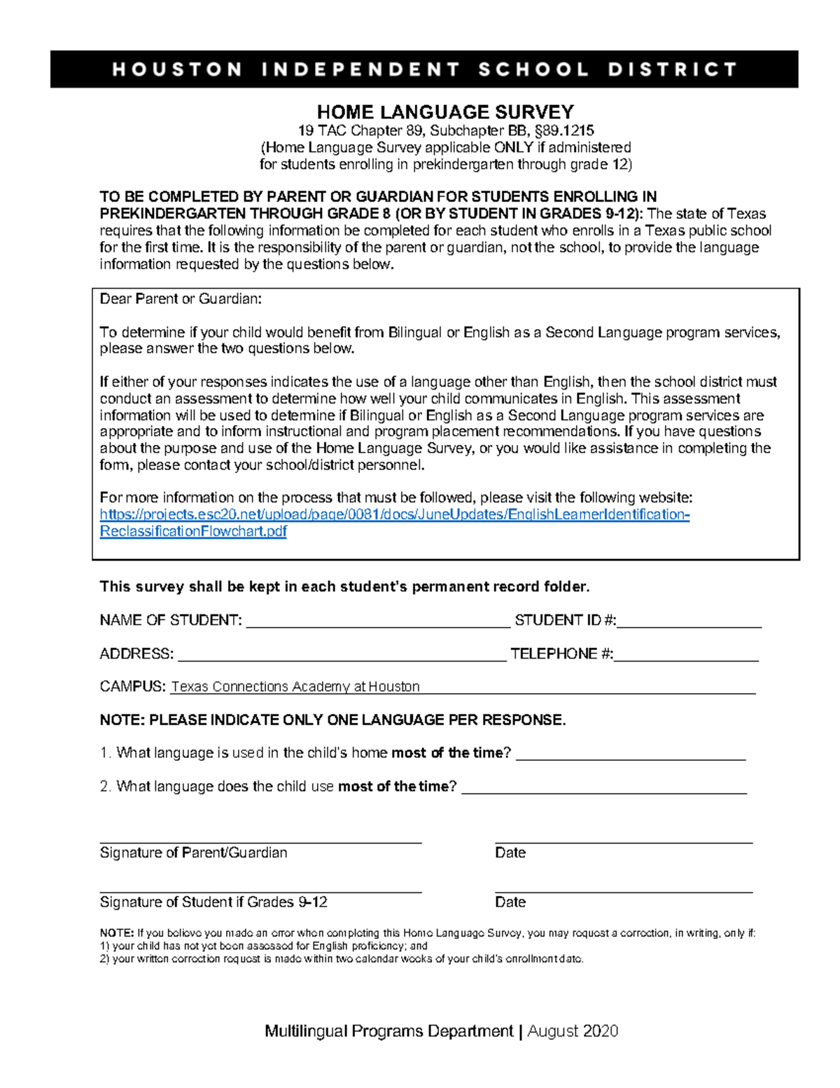 23-24 TCAH Home Language Survey Fillable - Multilingual Programs ...