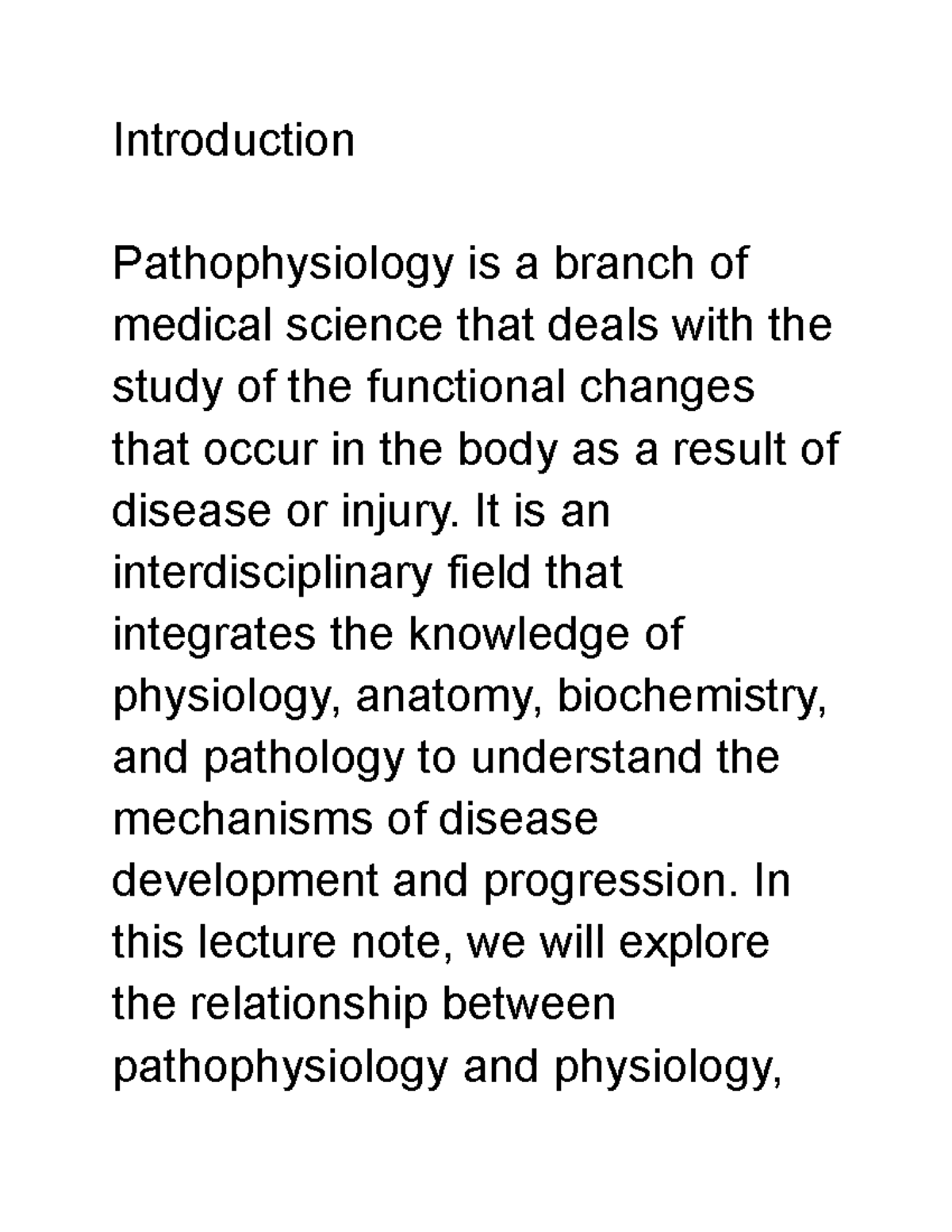 Pathophysiology Bridging the Gap between Physiology - Lecture Notes ...
