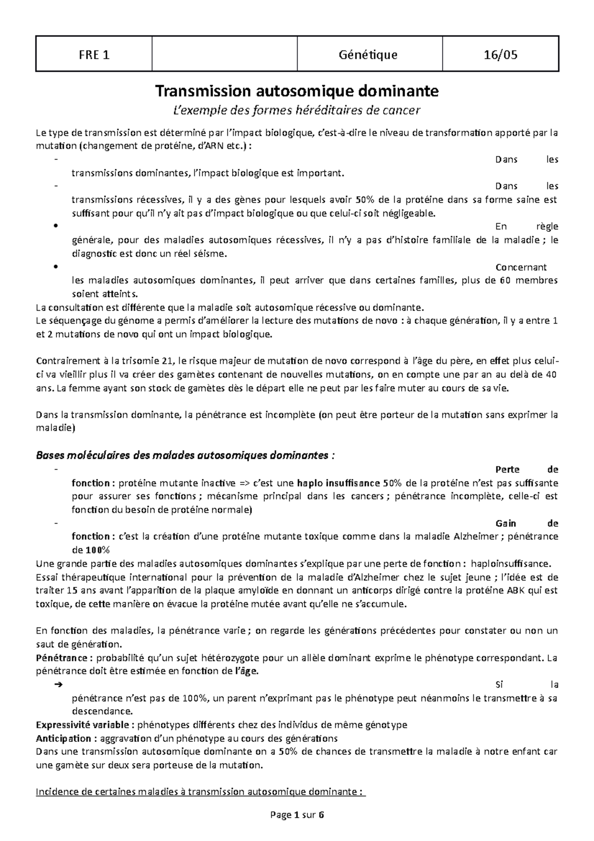 C1 - Transmission autosomique dominante - FRE 1 Génétique 16 ...