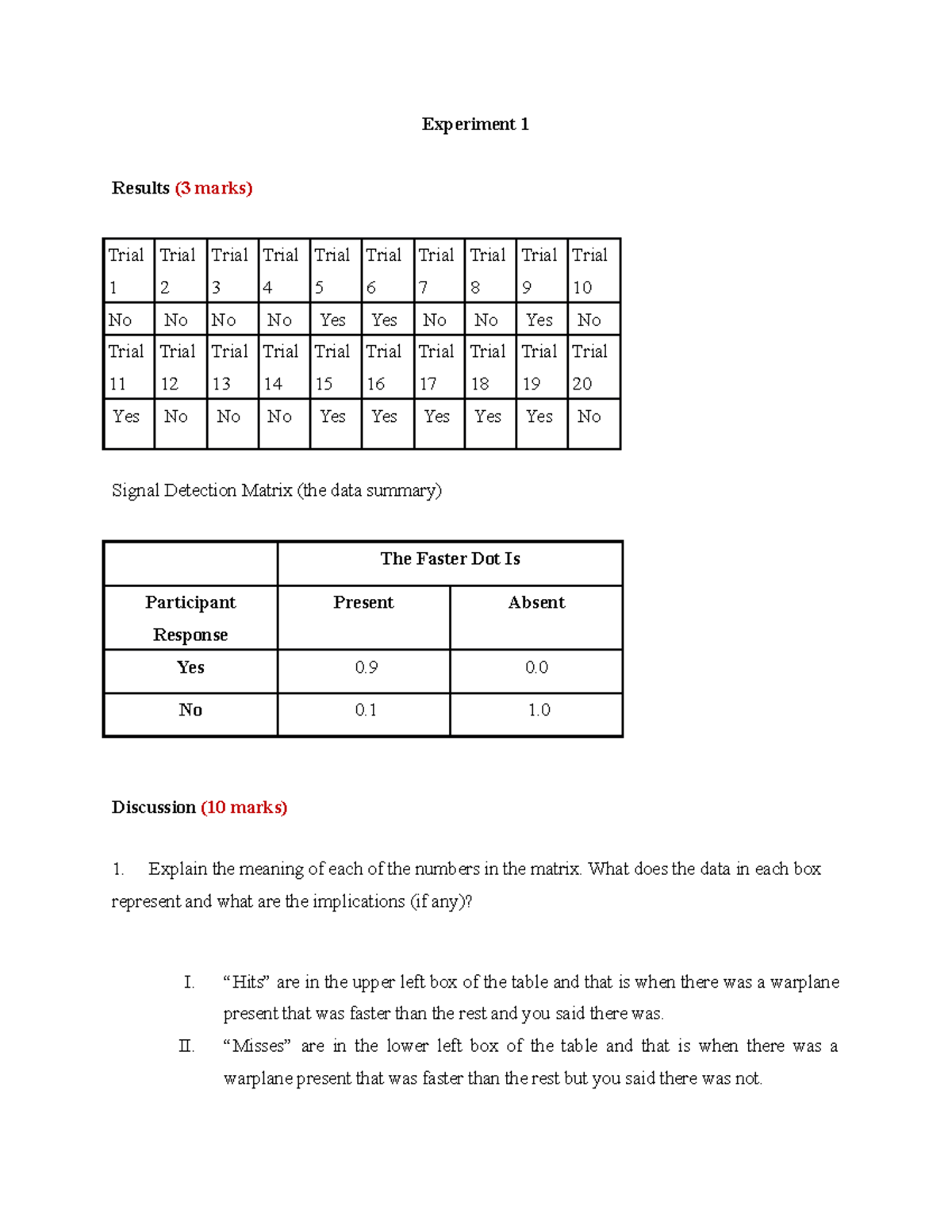 Lab - Lab Report - Experiment 1 Results (3 marks) Trial 1 Trial 2 Trial ...