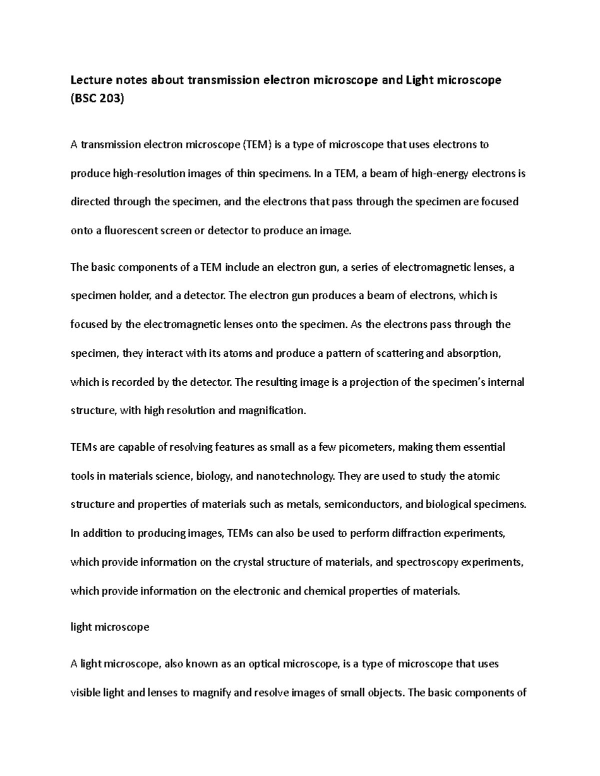 Lecture notes about transmission electron microscope and Light ...