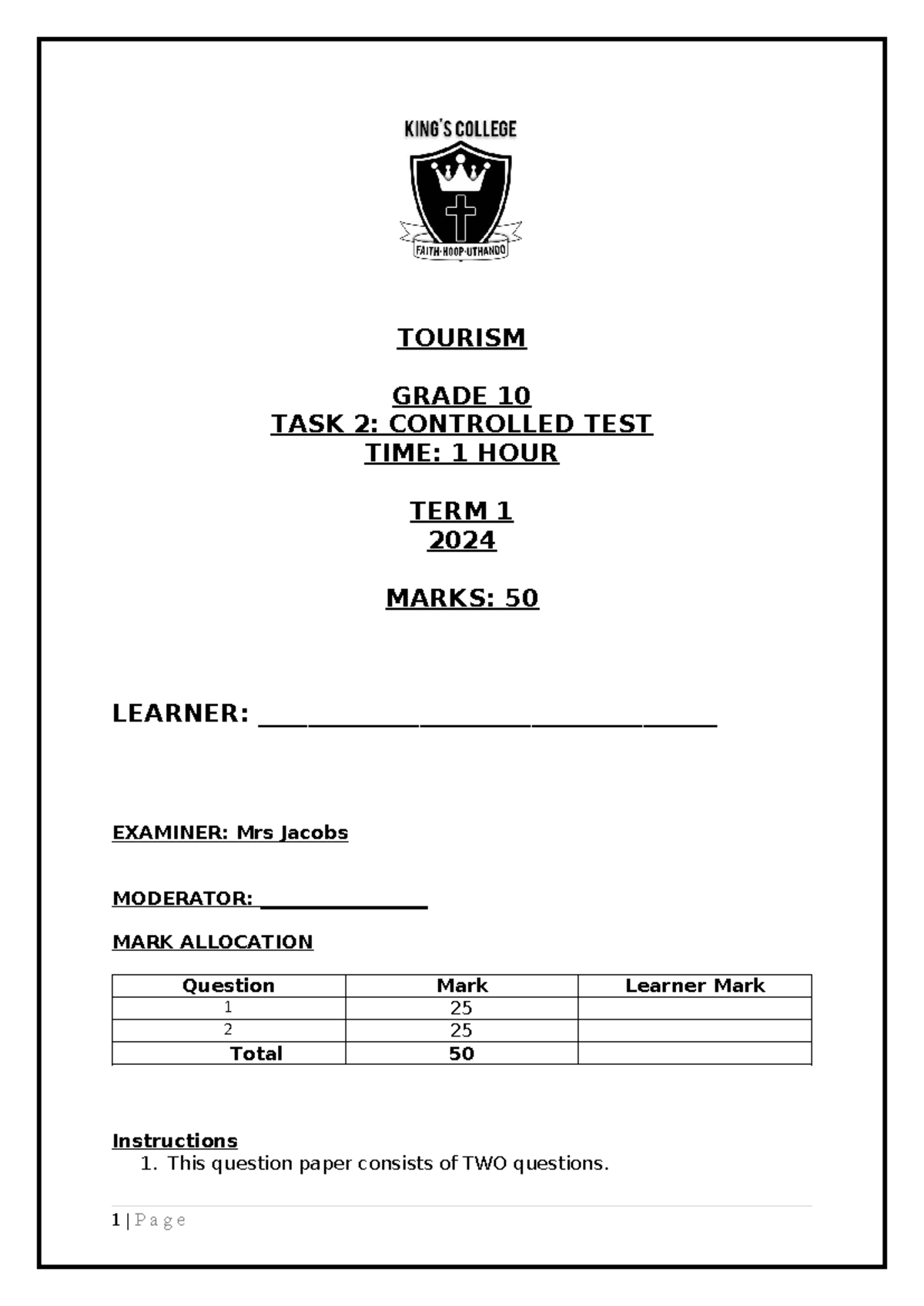 Task 2 Test - Formal Assessment task - TOURISM GRADE 10 TASK 2 ...