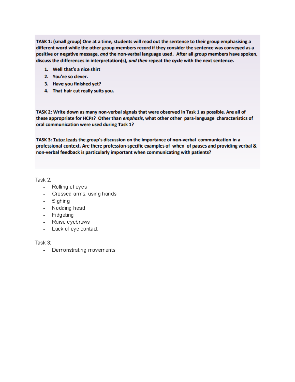 Week 5 tutorial - tute notes - Task 2: - Rolling of eyes - Crossed arms ...