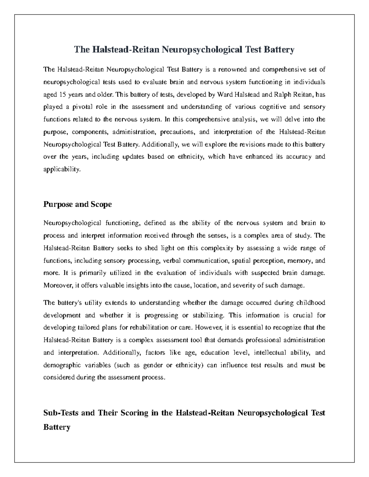 Halstead Retain Neuropsychological Battery - The Halstead-Reitan ...