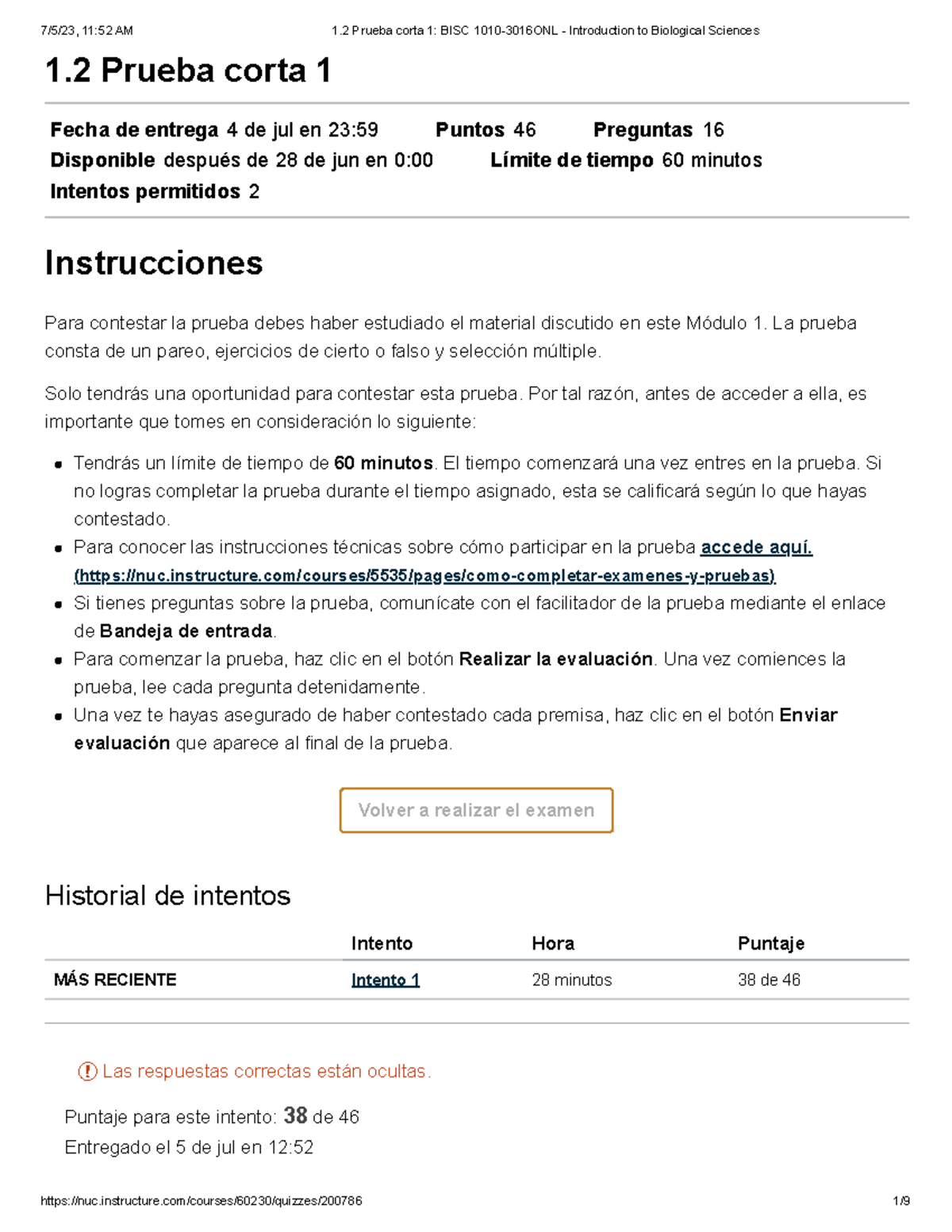 1.2 Prueba corta 1 BISC 1010-3016ONL - Introduction to Biological ...