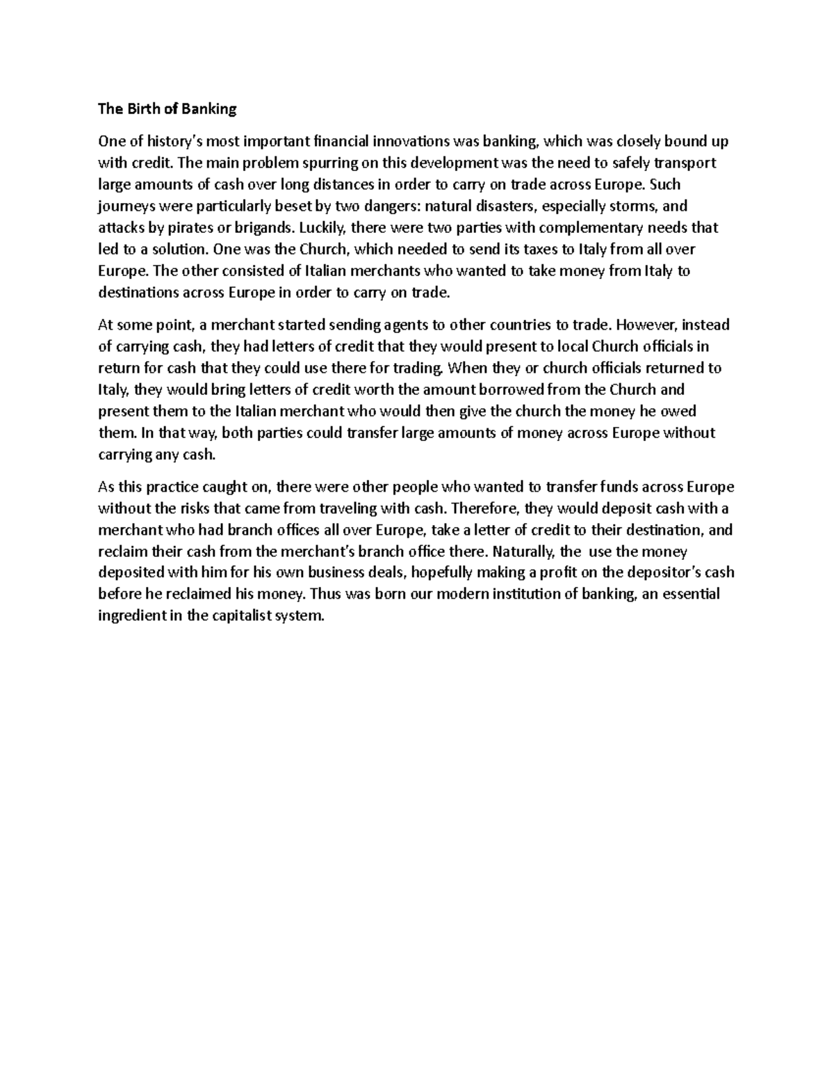 The Birth of Banking - BSBA OM - The Birth of Banking One of history’s ...