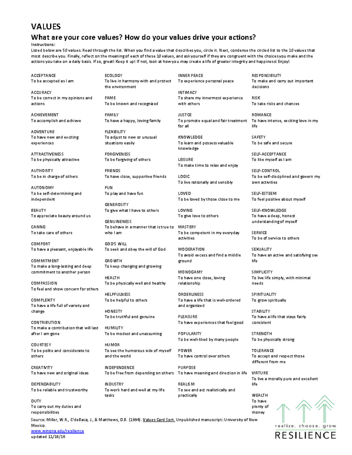 M1 - CORE Values - Activity- Worksheet - VALUES What are your core ...