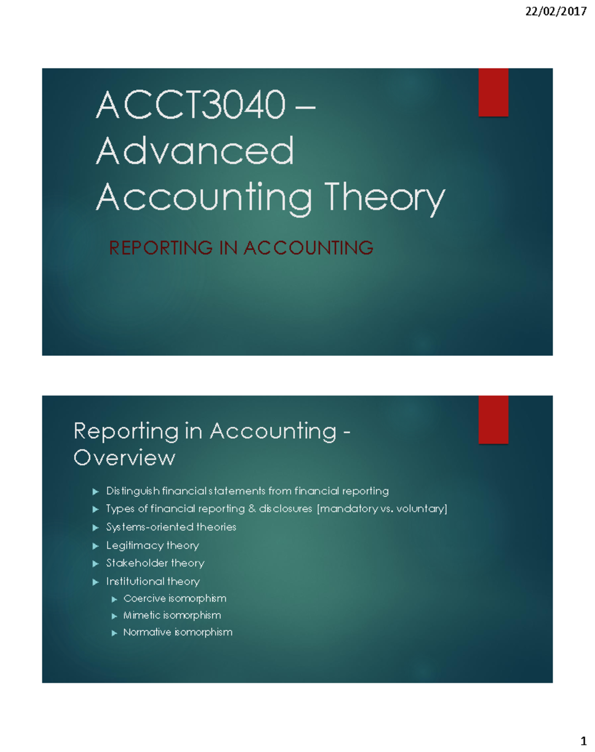 Lecture 5 - Reporting in Accounting - ACCT3040 – Advanced Accounting ...