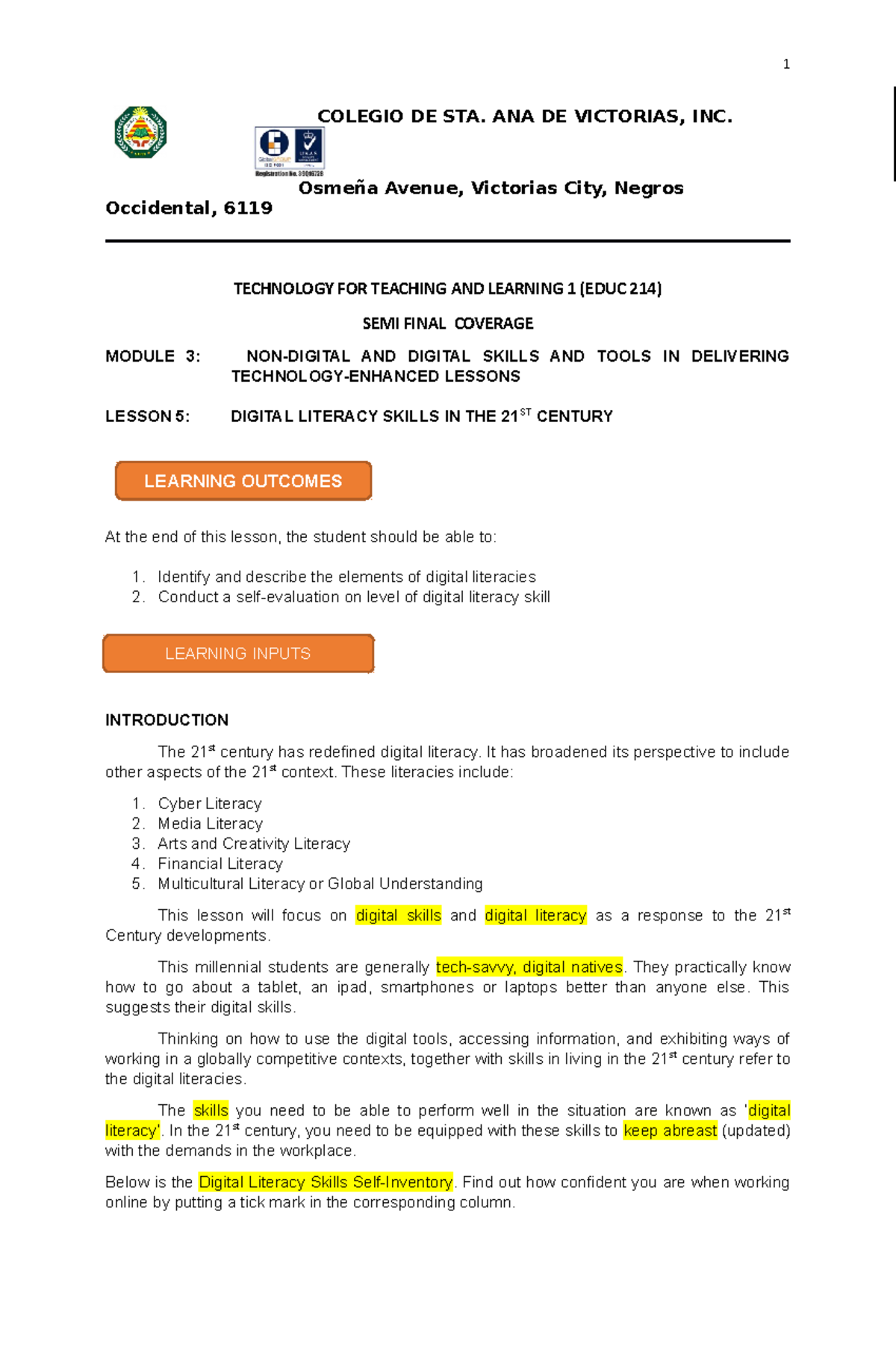 Module 3 - Lesson-5-Digital Literacy Skills - COLEGIO DE STA. ANA DE ...