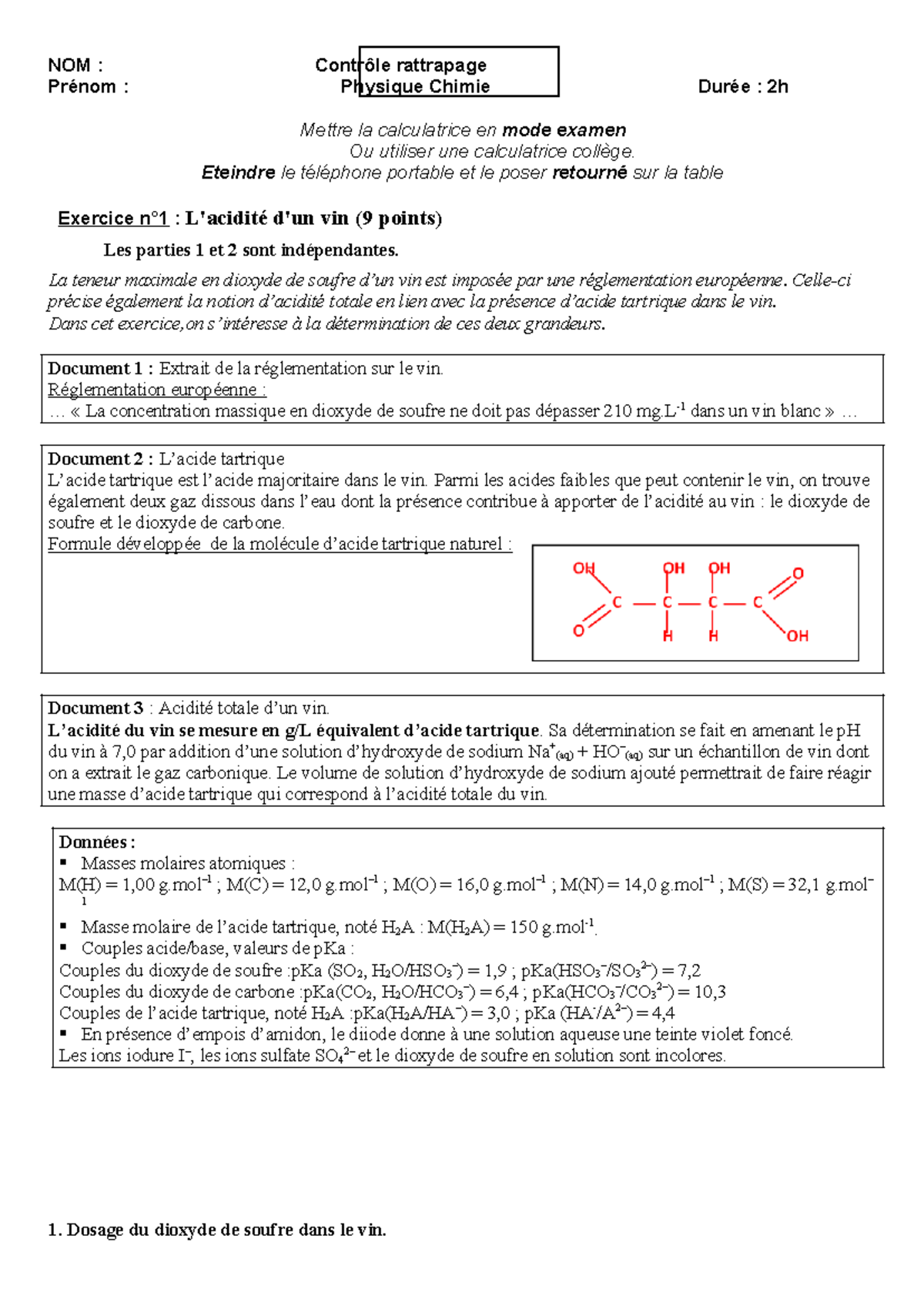 Contrôle rattrapage fin deuxième trimestre - NOM : Contrôle rattrapage ...