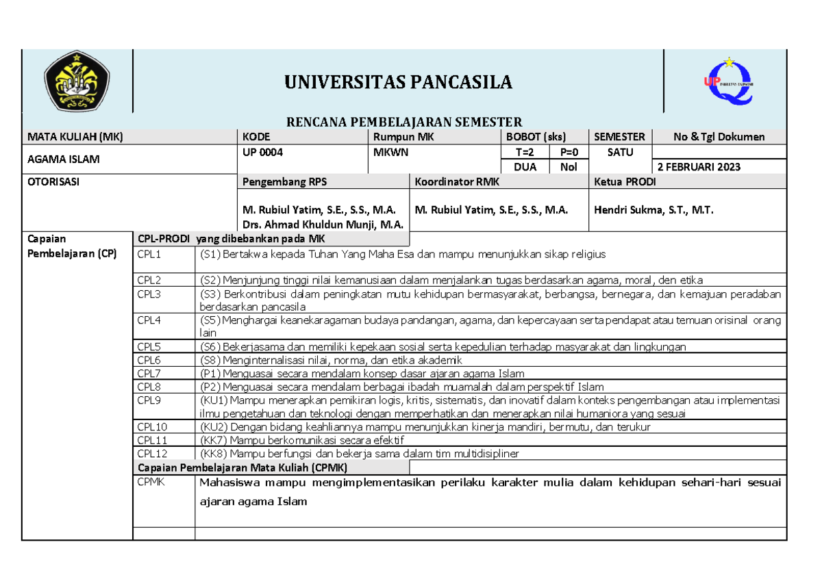 RPS Agama Islam Universitas Pancasila 2023 - UNIVERSITAS PANCASILA ...