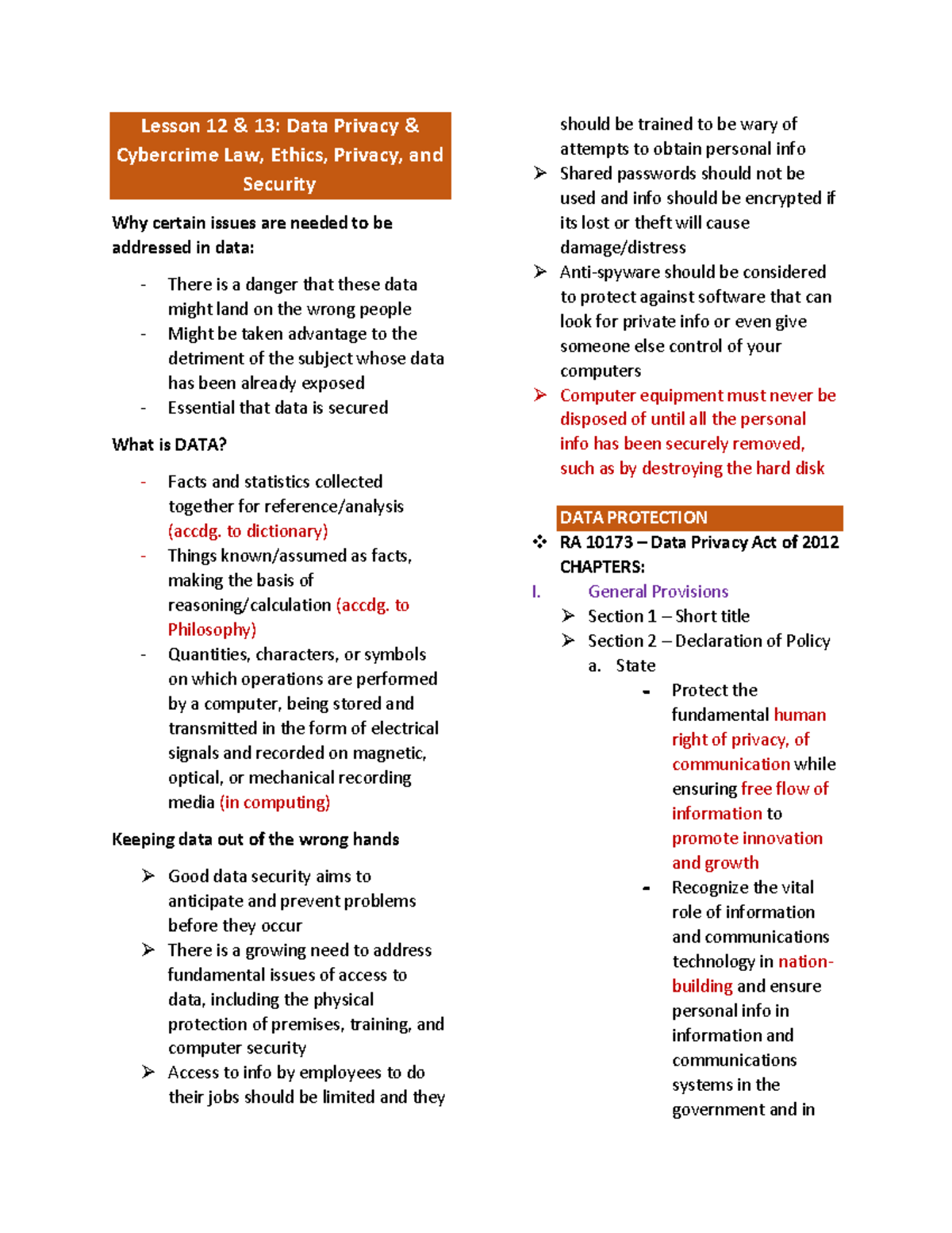 12&13 - Notes - DATA Privacy, Cybercrime LAW, Ethics, Privacy, Security ...