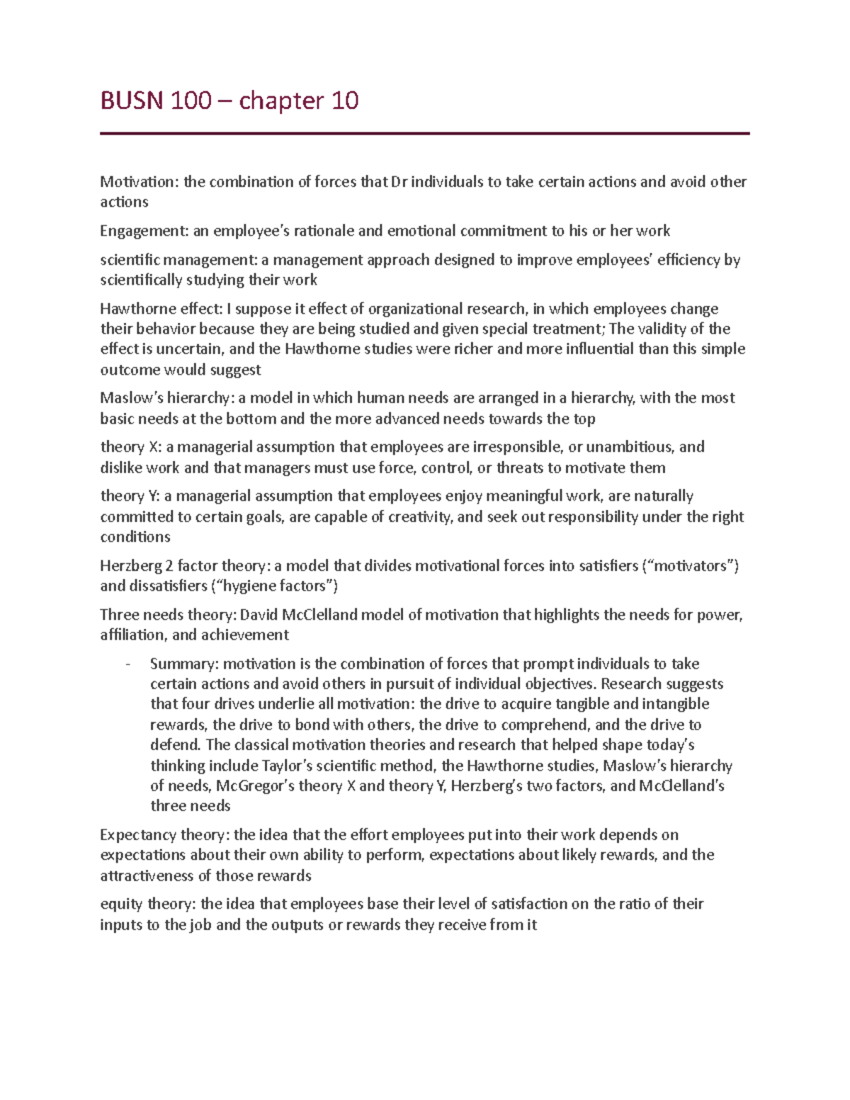 BUSN 100 chapter 10 notes - BUSN 100 – chapter 10 Motivation: the ...