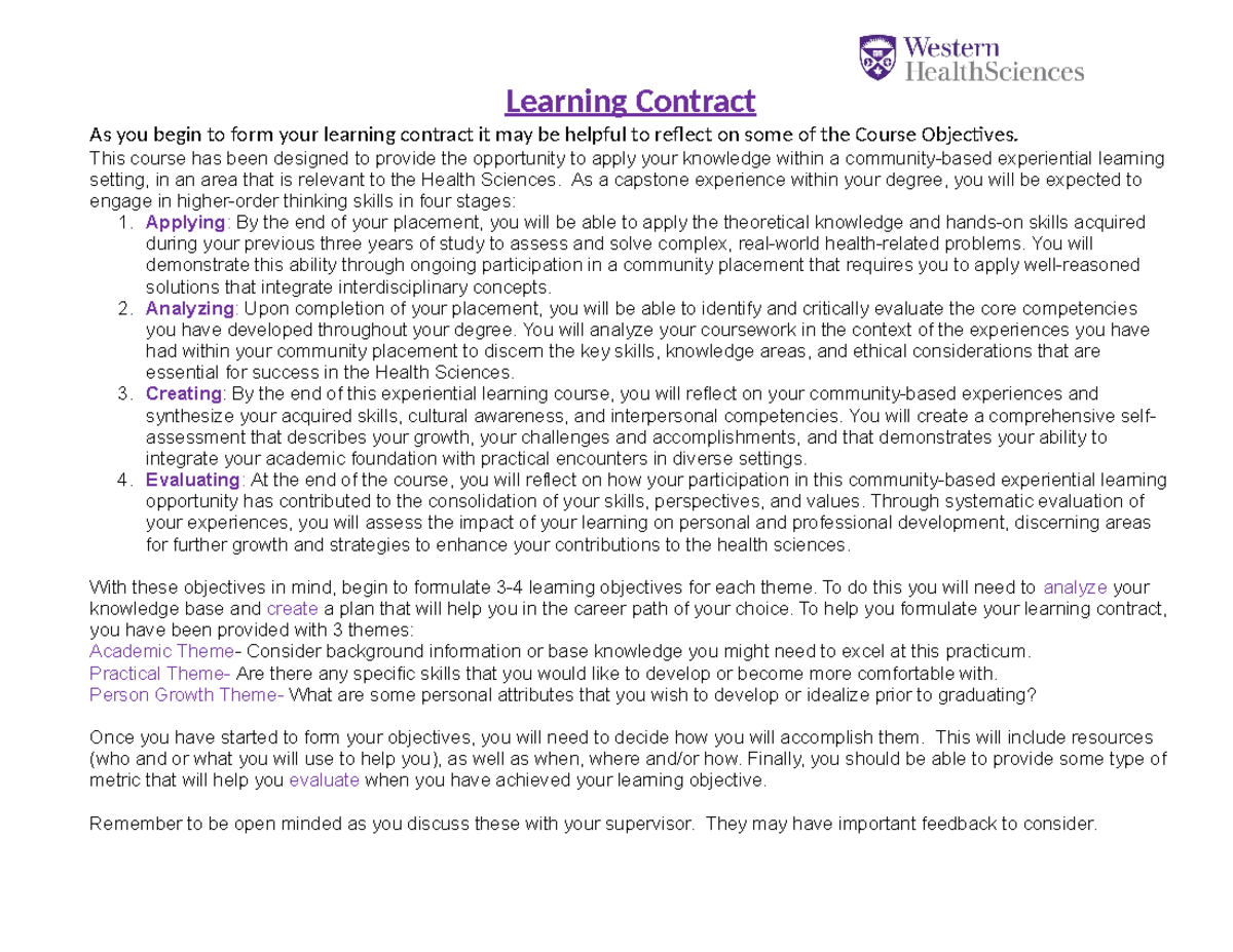 Learning Contract 2023 Learning Contract As You Begin To Form Your