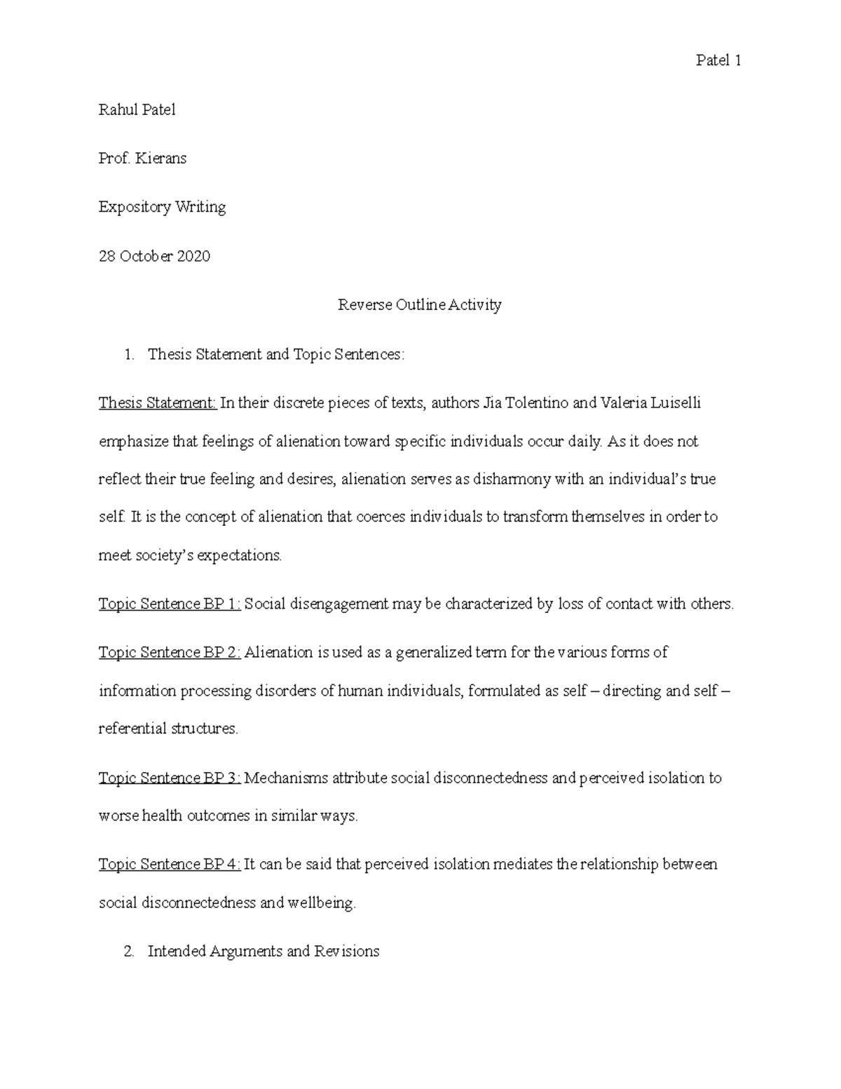 Reverse Outline Activity - Patel 1 Rahul Patel Prof. Kierans Expository ...