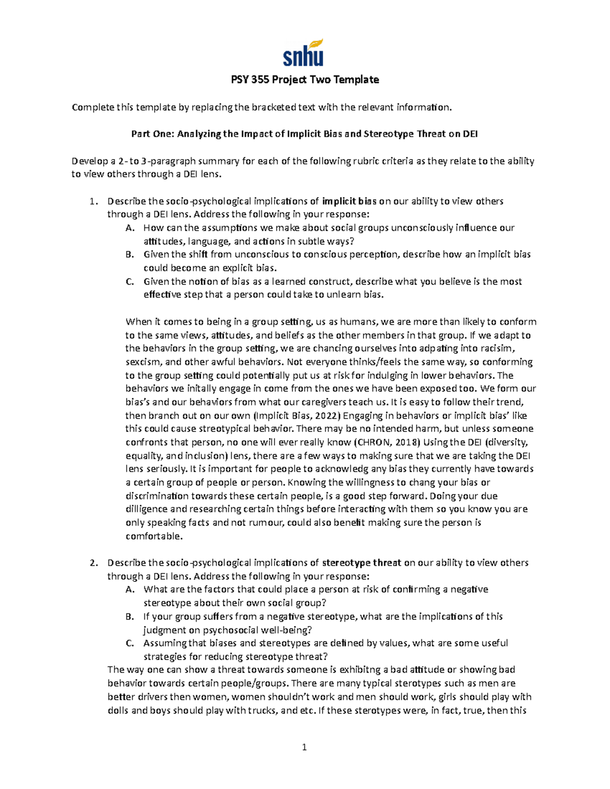 Psy 355 Project Two Completed - PSY 355 Project Two Template Complete this template by replacing ...