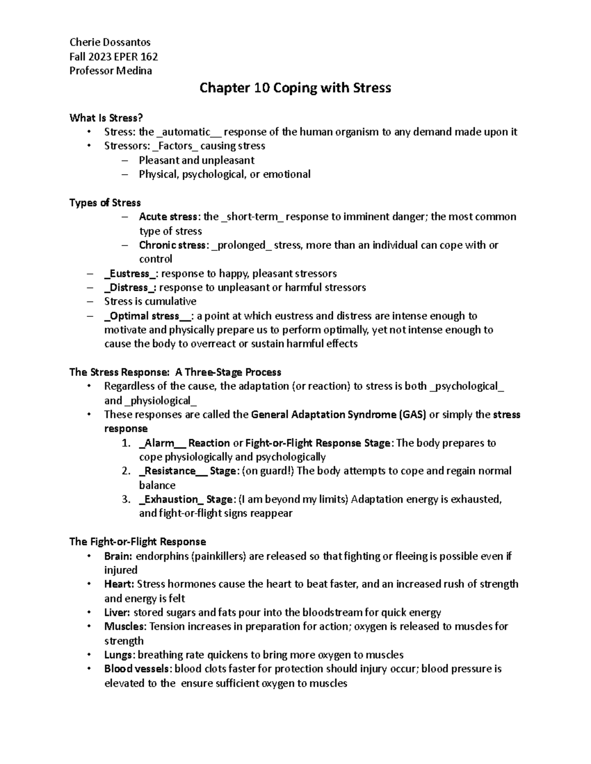 Chapter 2 notes worksheet Coping with Stress - Fall 2023 EPER 162 ...