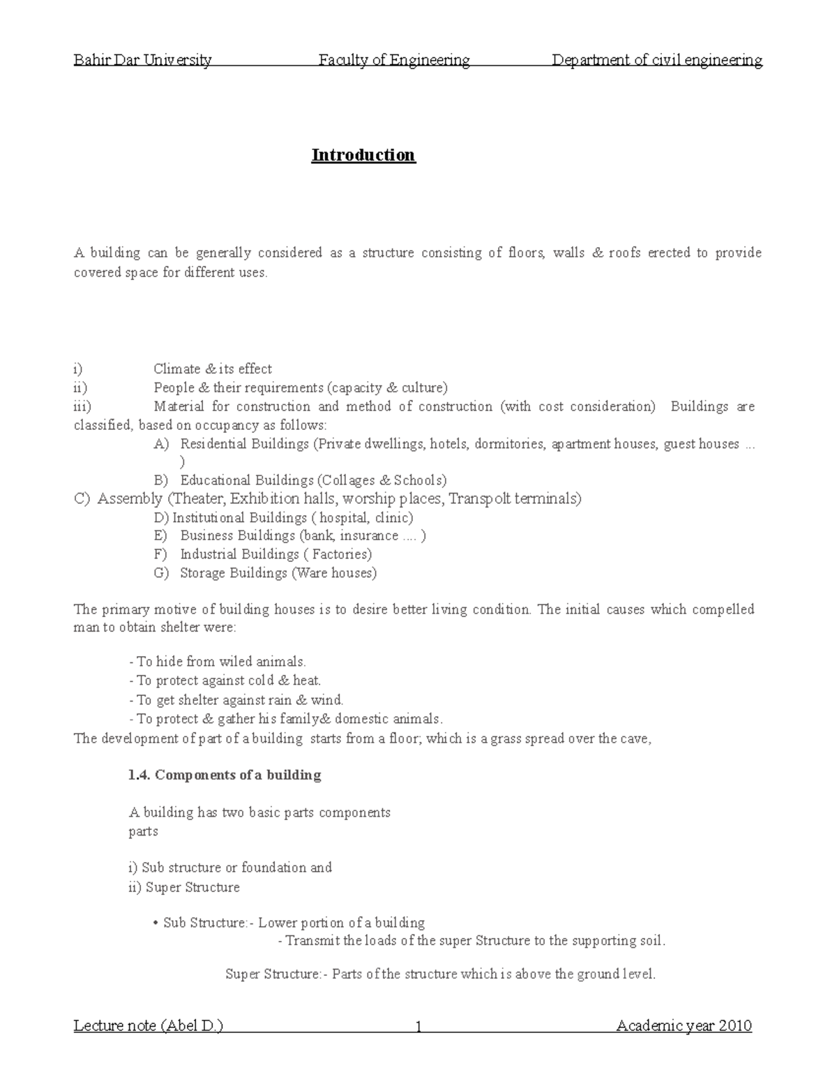 Building notes - good book - Introduction A building can be generally ...