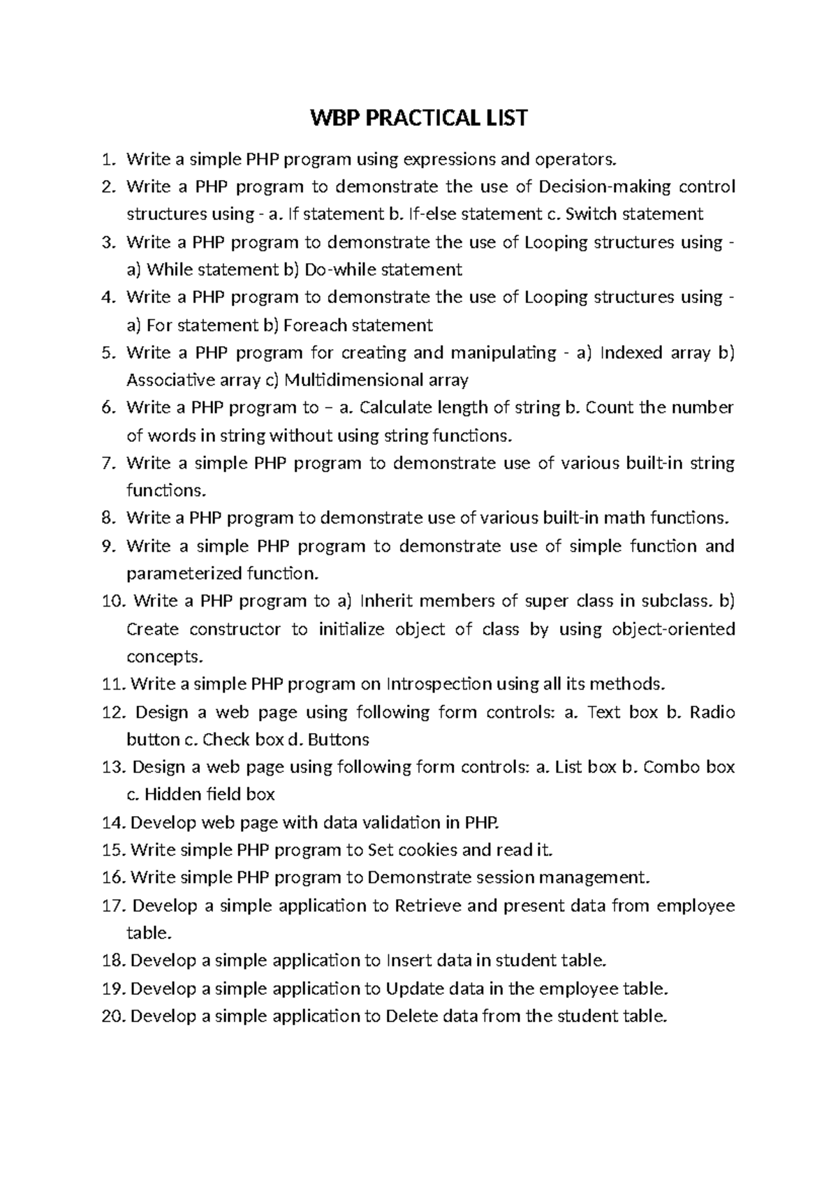Wbp Practical List This Is Pratical List Of Working With Php Subject
