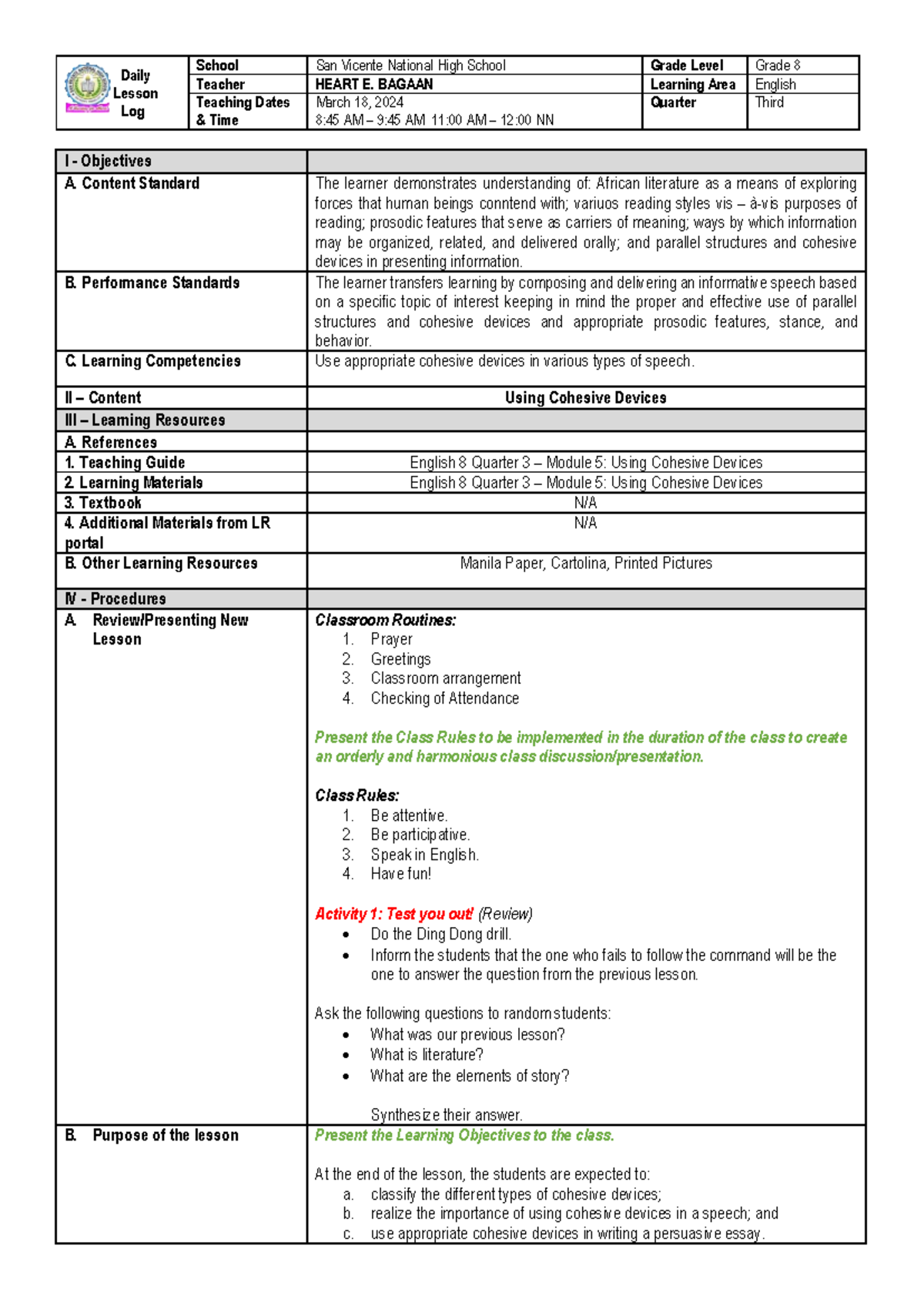 G8-Cohesive Devices - Daily Lesson Log School San Vicente National High ...