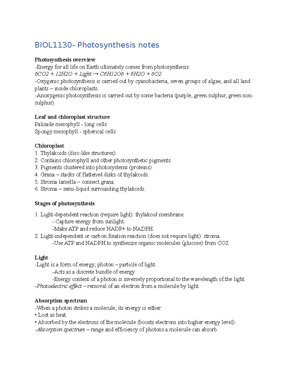 BIOL1130- Photosynthesis notes - BIOL1130- Photosynthesis notes ...