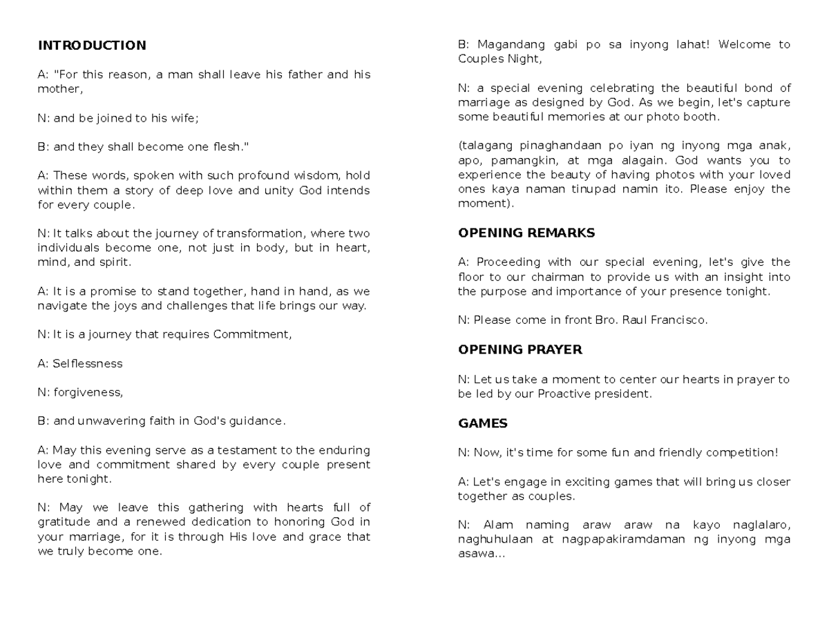 Couples' Night Script - INTRODUCTION A: "For this reason, a man shall ...