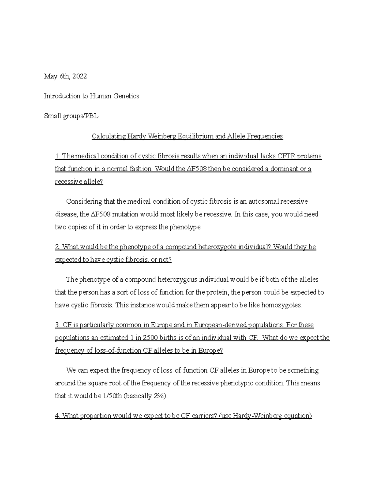 Genetics Assignment 13 - May 6th, 2022 Introduction to Human Genetics ...