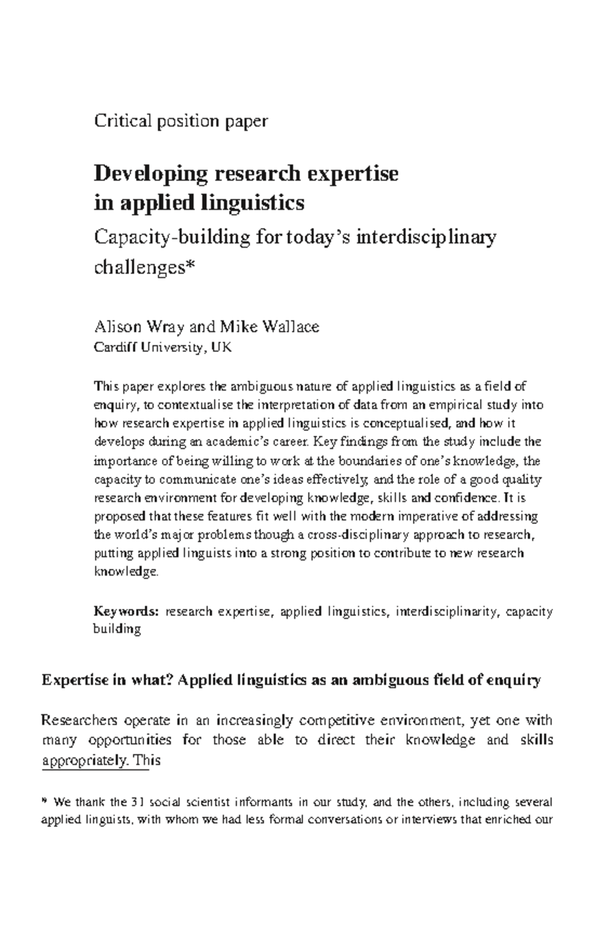 Wray and Wallace 2015 - Applied Linguistics - Critical position paper ...