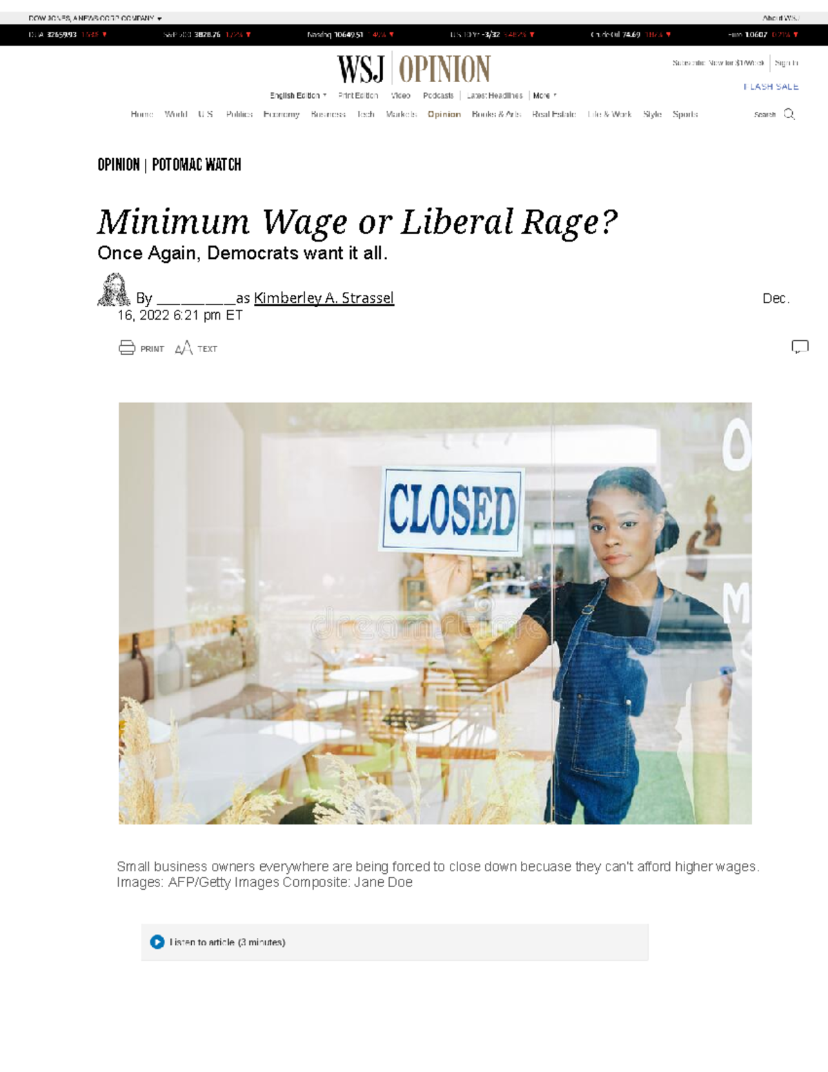 Columnist Pastiche - OPINION | POTOMAC WATCH Minimum Wage or Liberal Rage? Once Again, Democrats ...