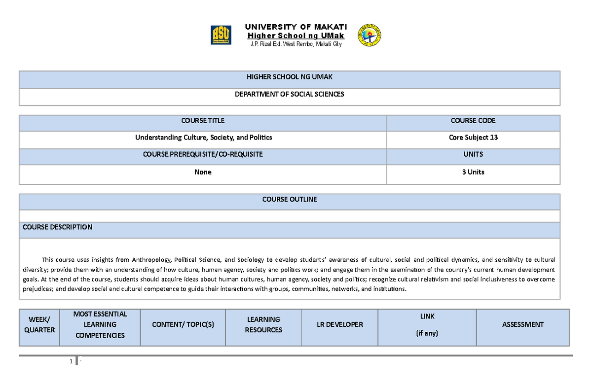 UCSP Course Outline - HFGHFG - Higher School ng UMak J. Rizal Ext. West ...