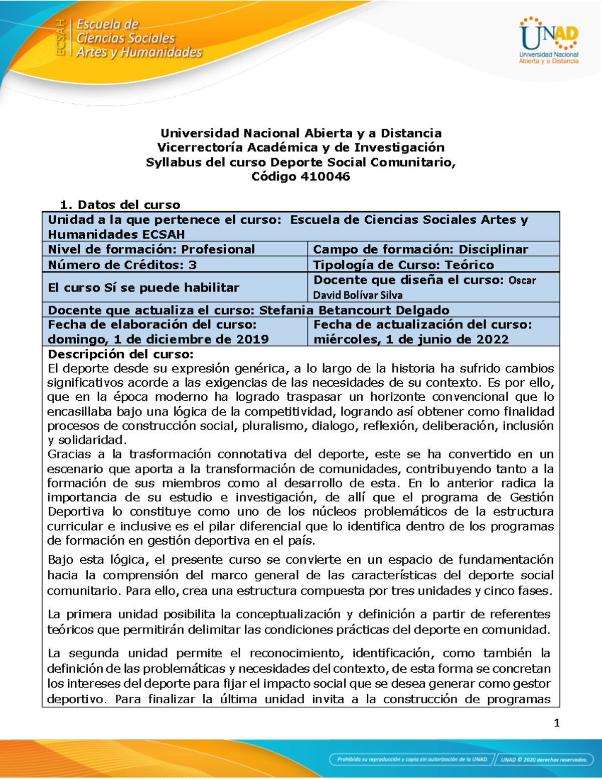 Syllabus del curso Deporte social comunitario - Universidad Nacional ...