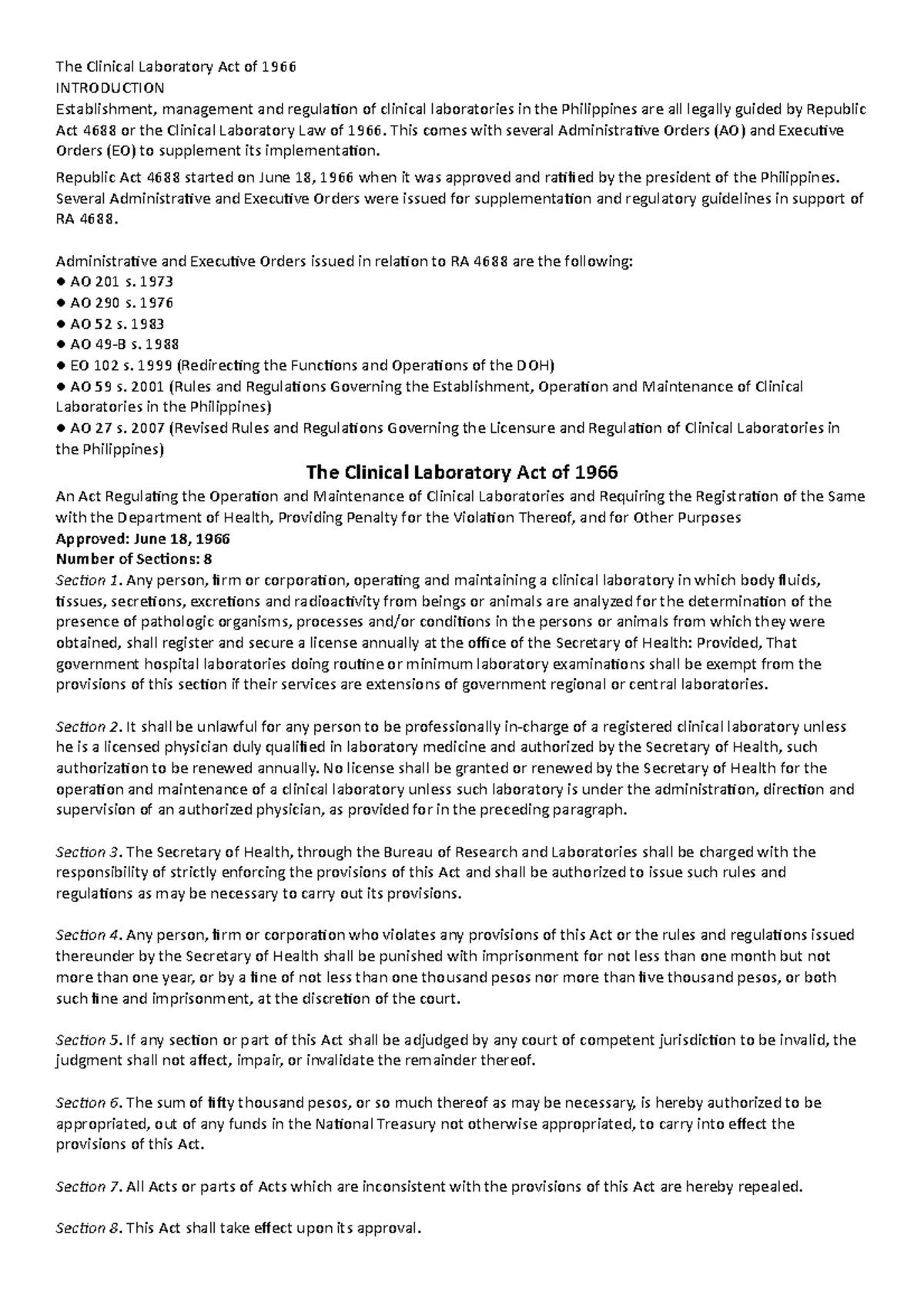 The Clinical Laboratory Act of 1966 - This comes with several ...