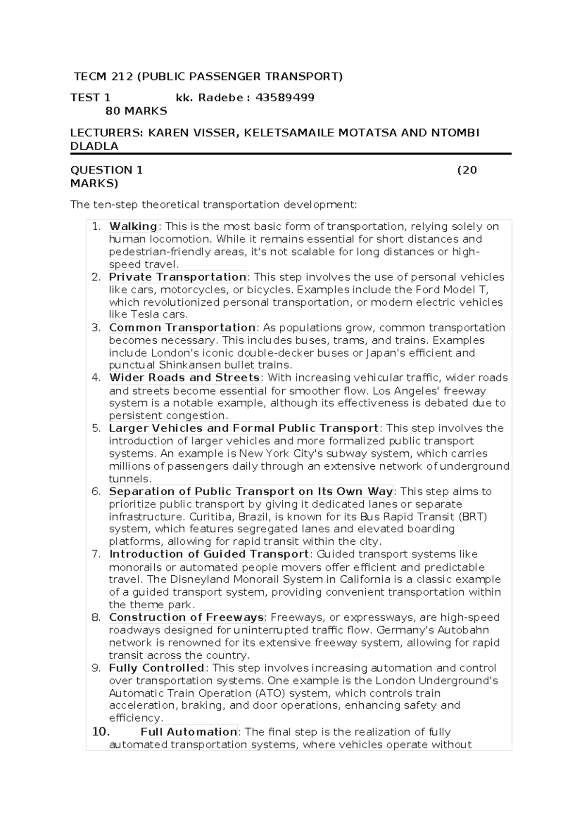 Tecm 212 test 1 - TEST 1 - TECM 212 (PUBLIC PASSENGER TRANSPORT) TEST 1 ...