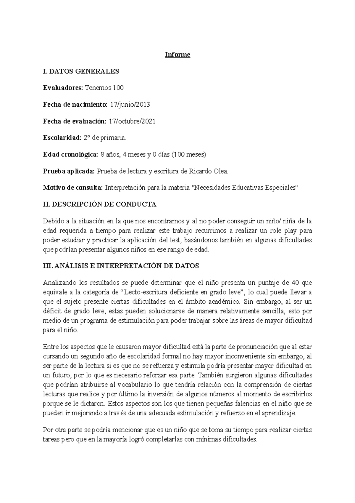 Informe de Lecto - Escritura - Informe I. DATOS GENERALES Evaluadores ...